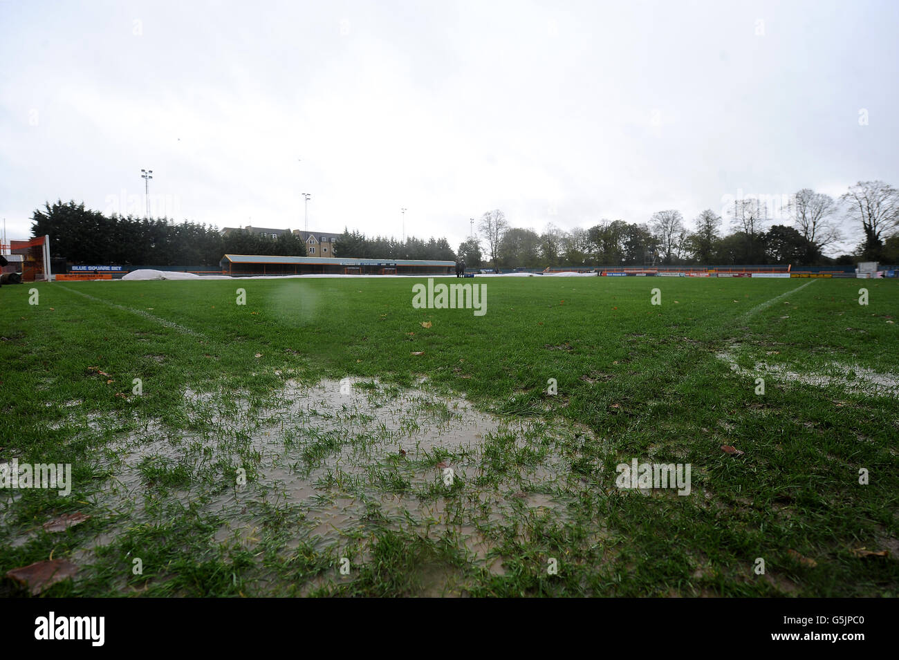 A general view of a waterlogged Cressing Road, home of Braintree Town ...
