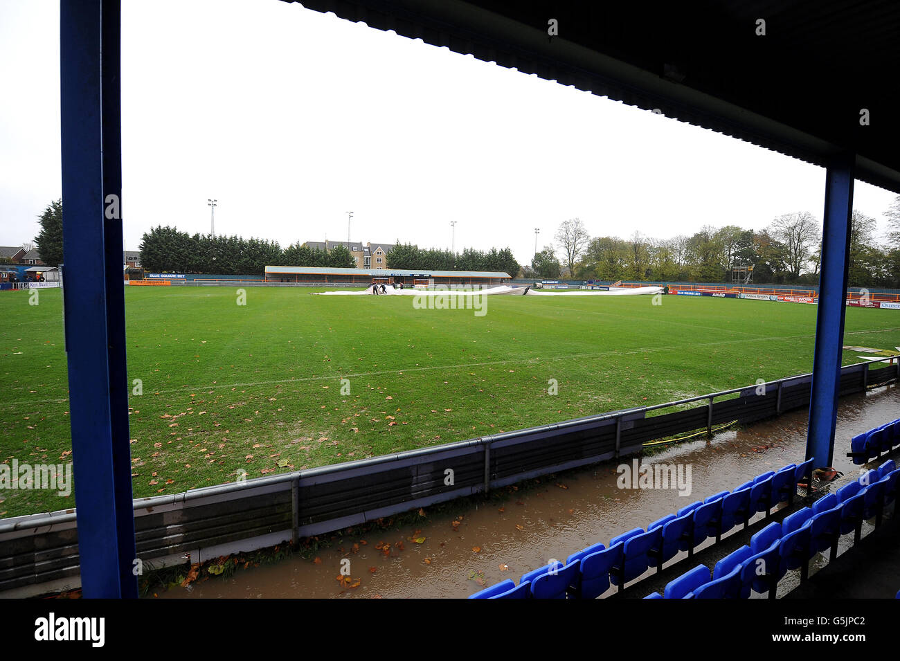 A general view of a waterlogged Cressing Road, home of Braintree Town ...