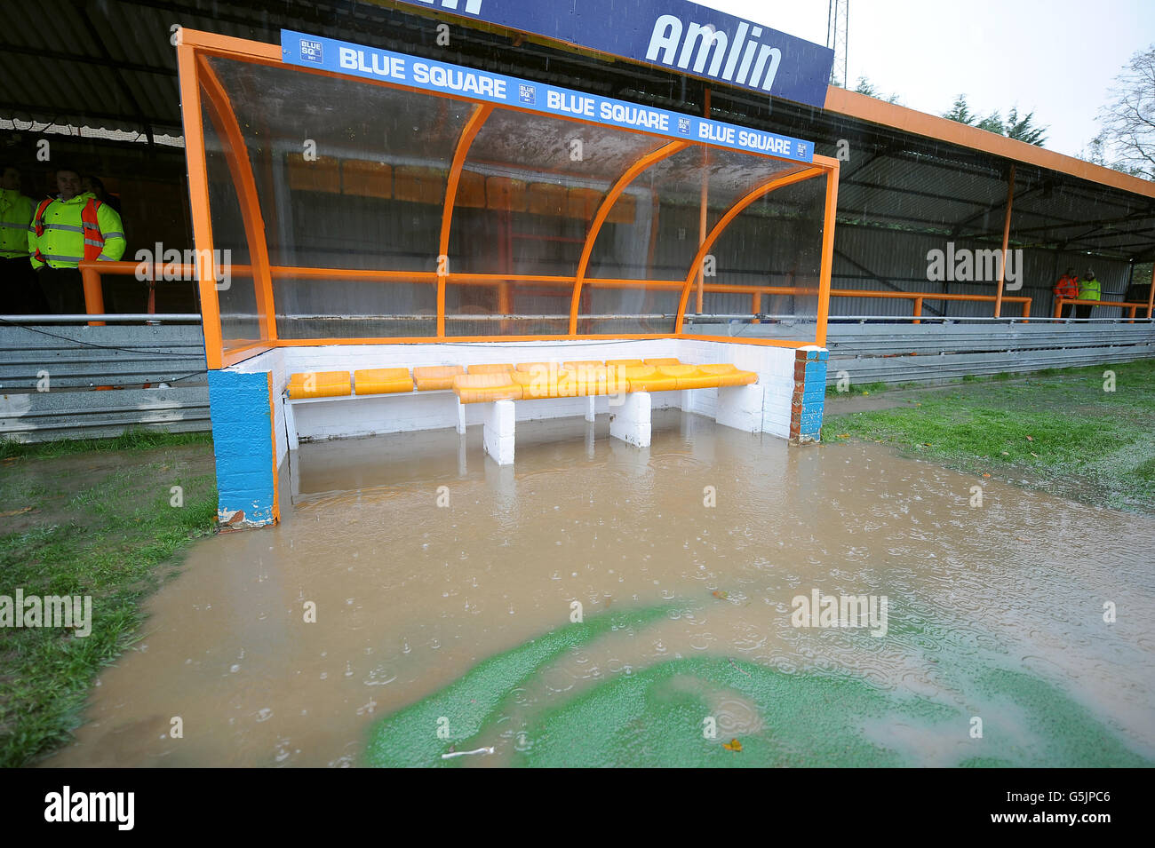 A general view of a waterlogged Cressing Road, home of Braintree Town ...