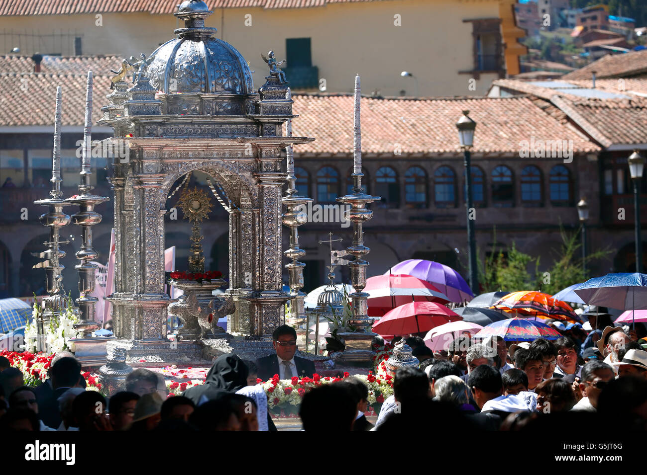 Silver Float and crowd, procession, Plaza de Armas, Corpus Christi ...