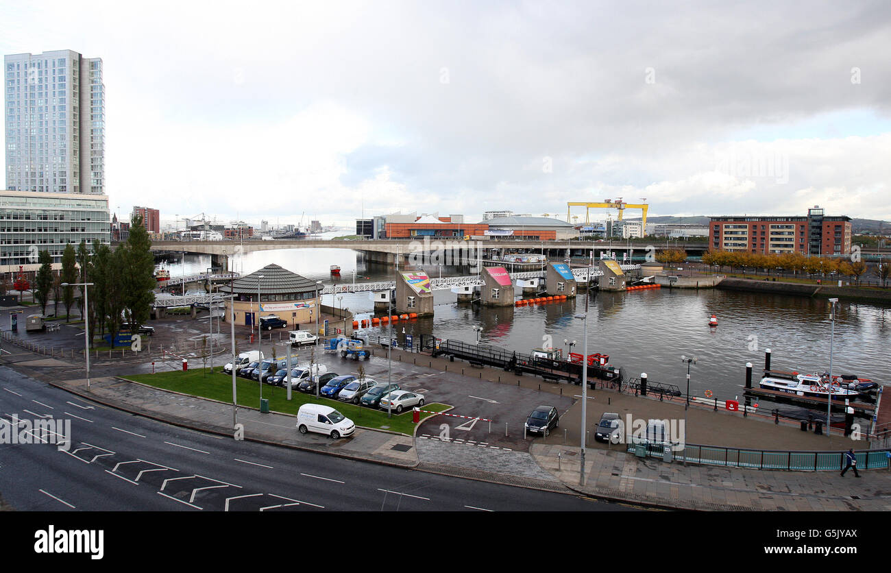 City Views - Belfast. A general view of Lagan Weir and Belfast docks ...