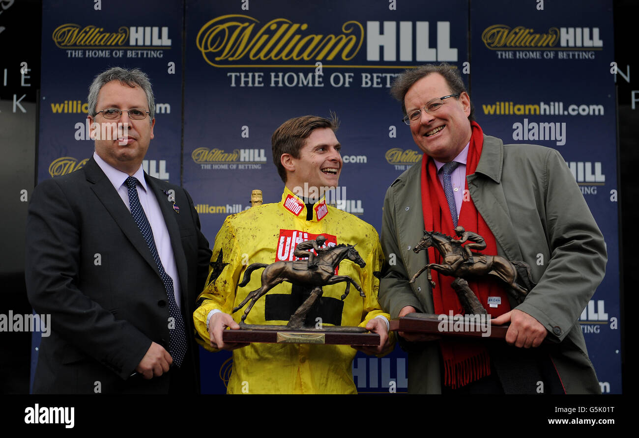 Miss Exhibitionist winning Jockey Fergus Sweeney poses with his trophy after the William Hill ...