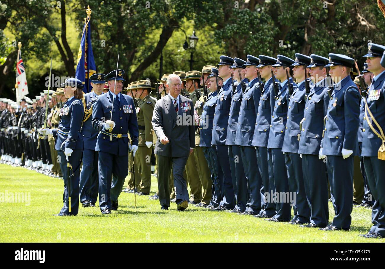 The Prince of Wales inspects the guard of honour during a Maori welcome ...