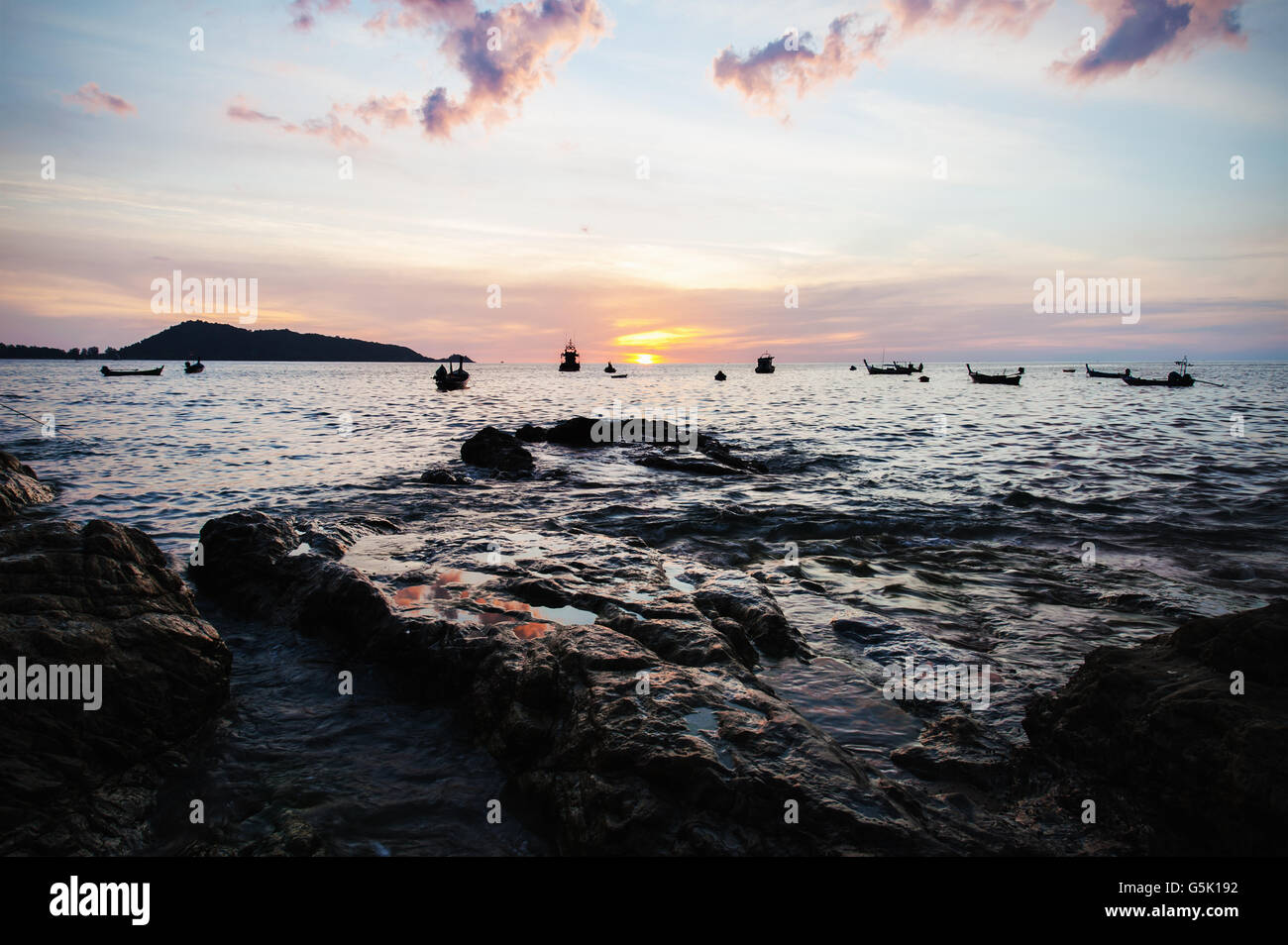 Seascape with color of sunset in shadow, Beach sunset with silhouette ...