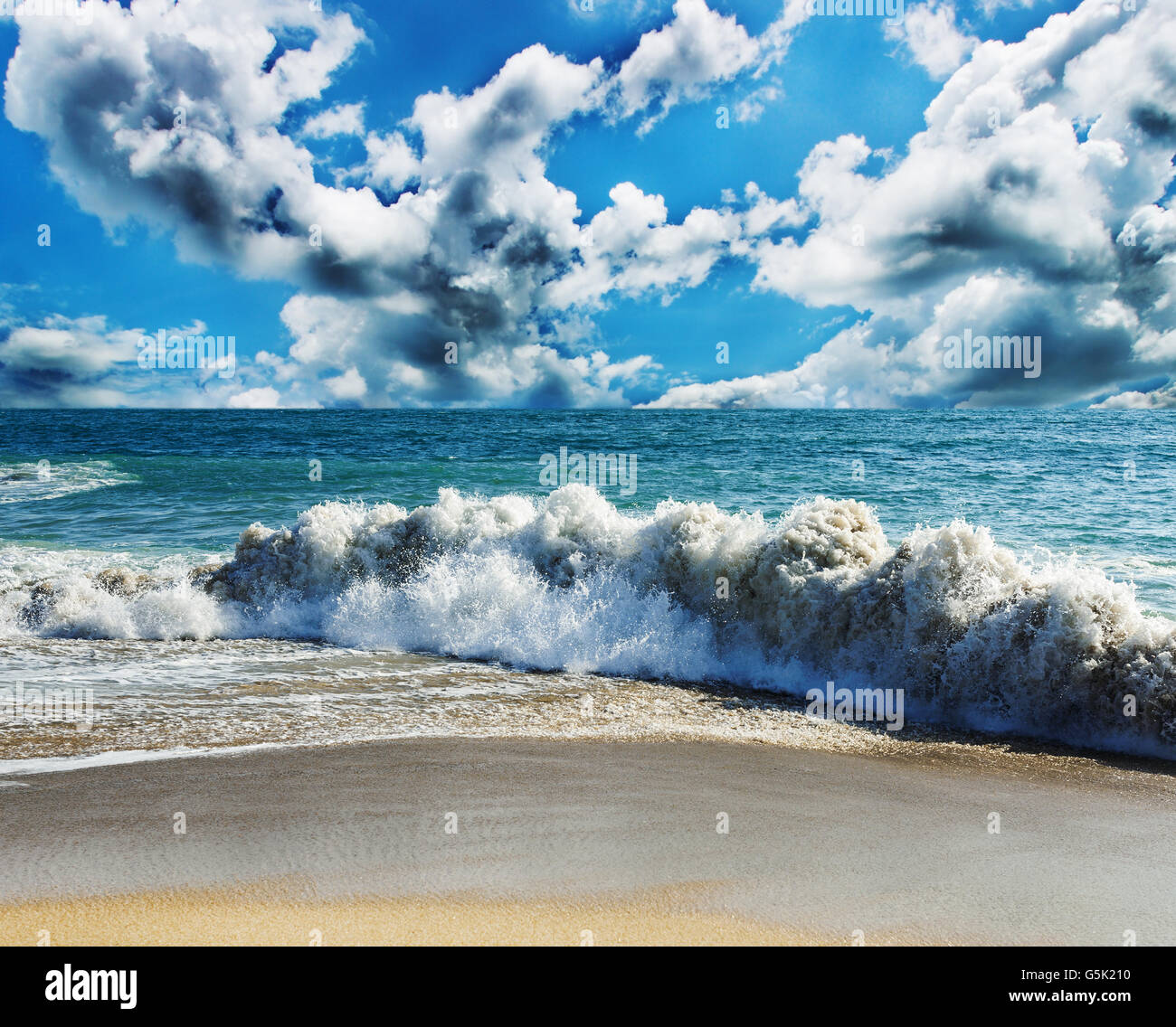 Sea and beach storm with sky and cloud storm, Wave before the tsunami ...