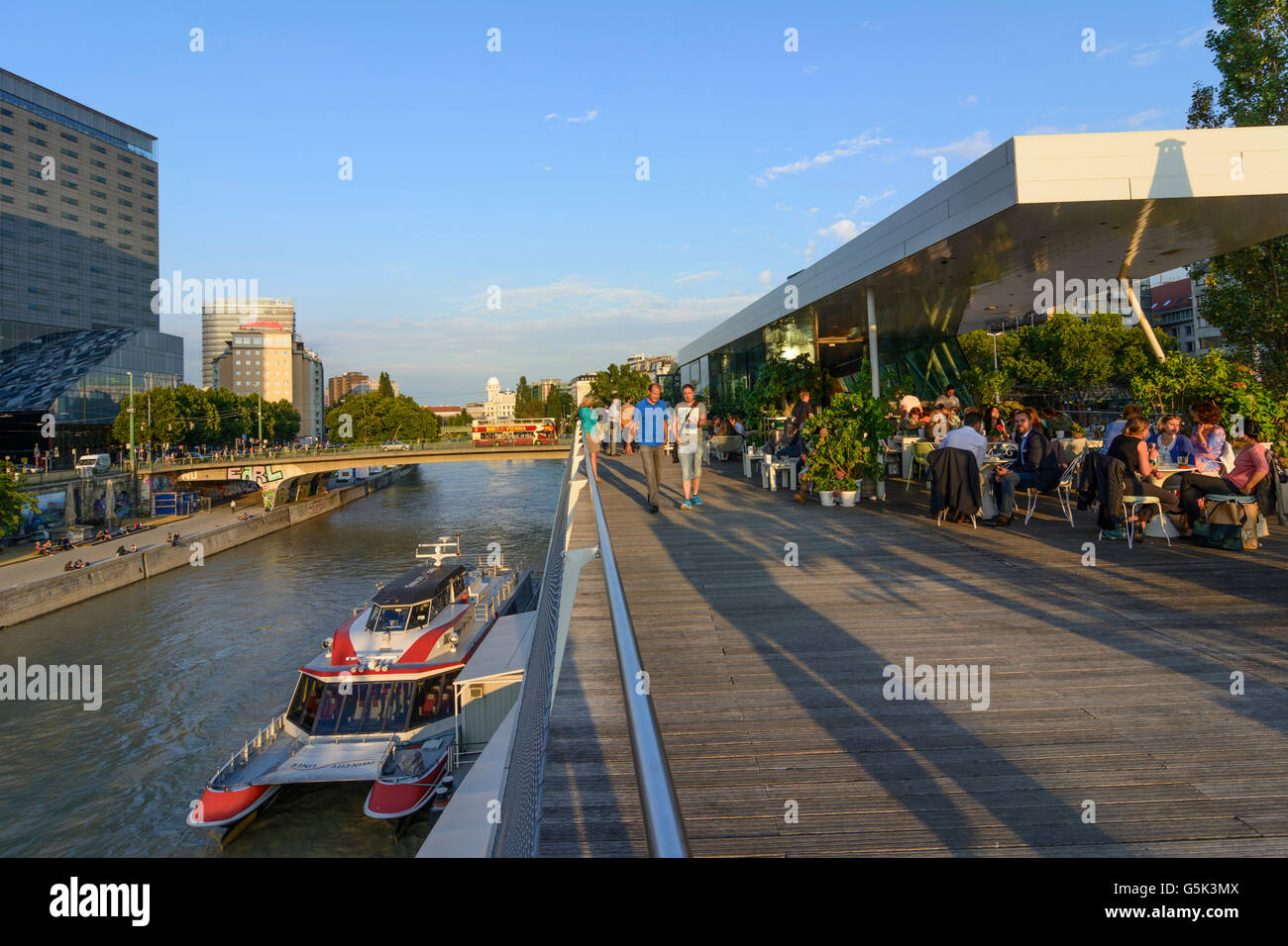 Danube Canal with the boat station for the Twin City Liner with the ...