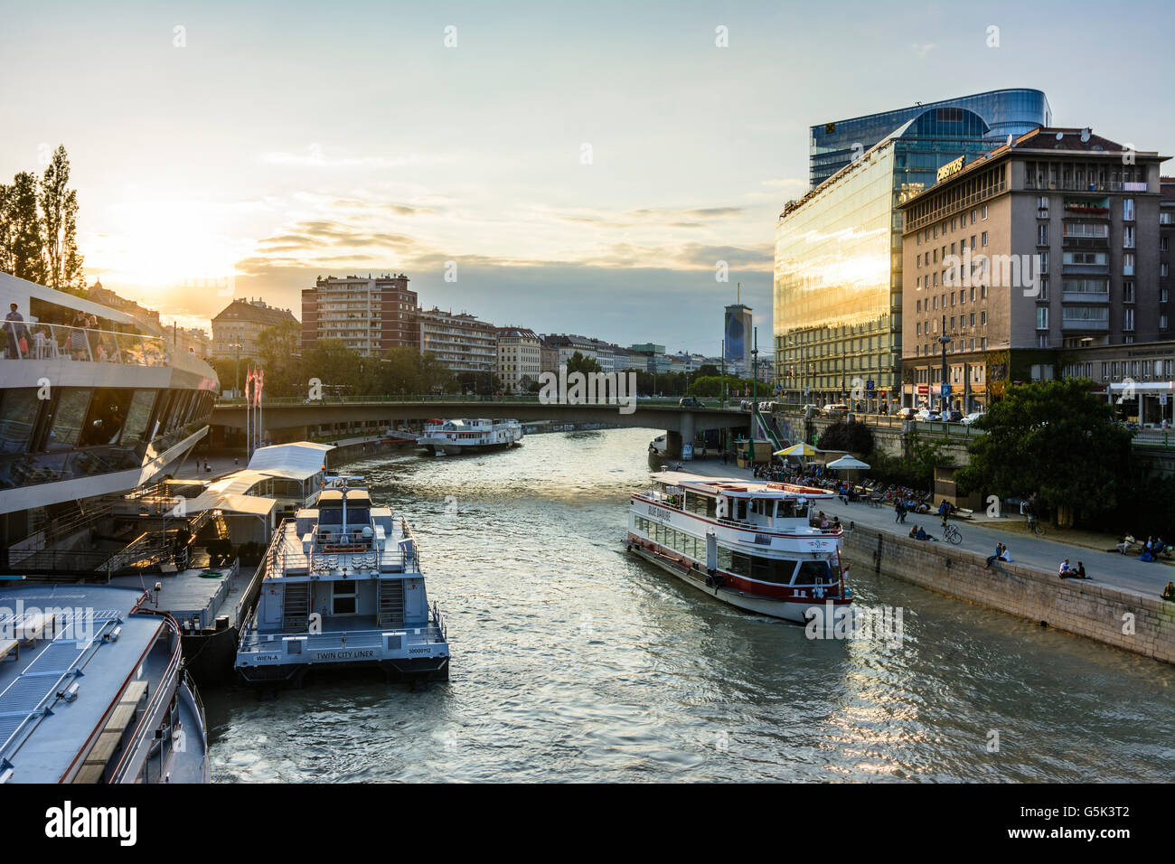 Danube Canal with the boat station for the Twin City Liner with the ...