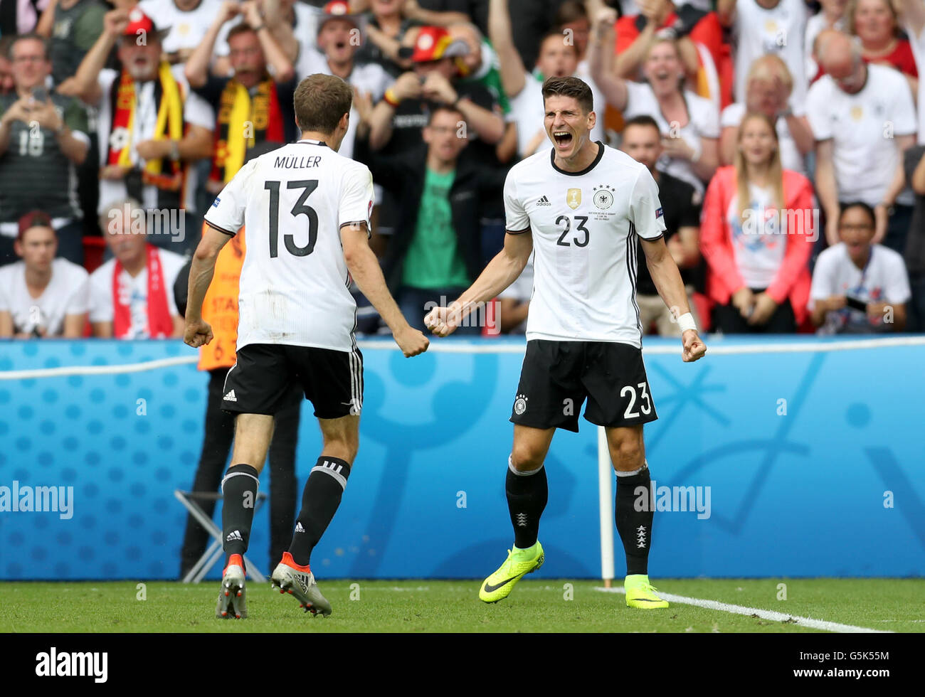 Germany's Mario Gomez celebrates scoring his side's first goal of the ...