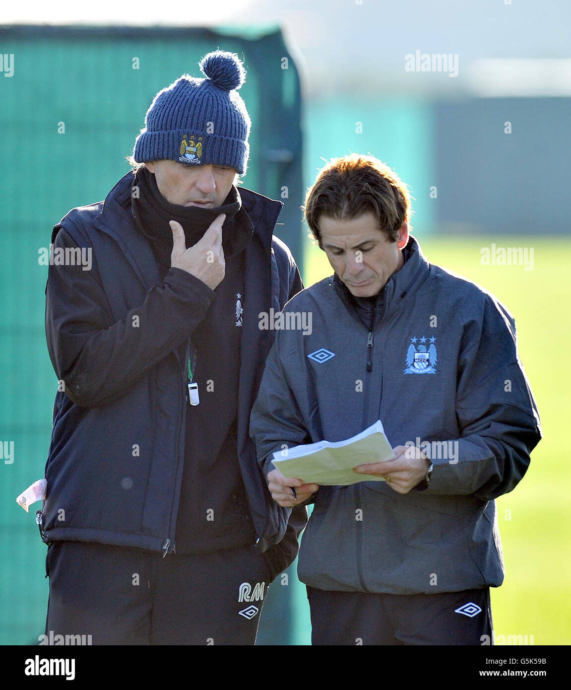 Manchester city manager roberto mancini during training session at ...