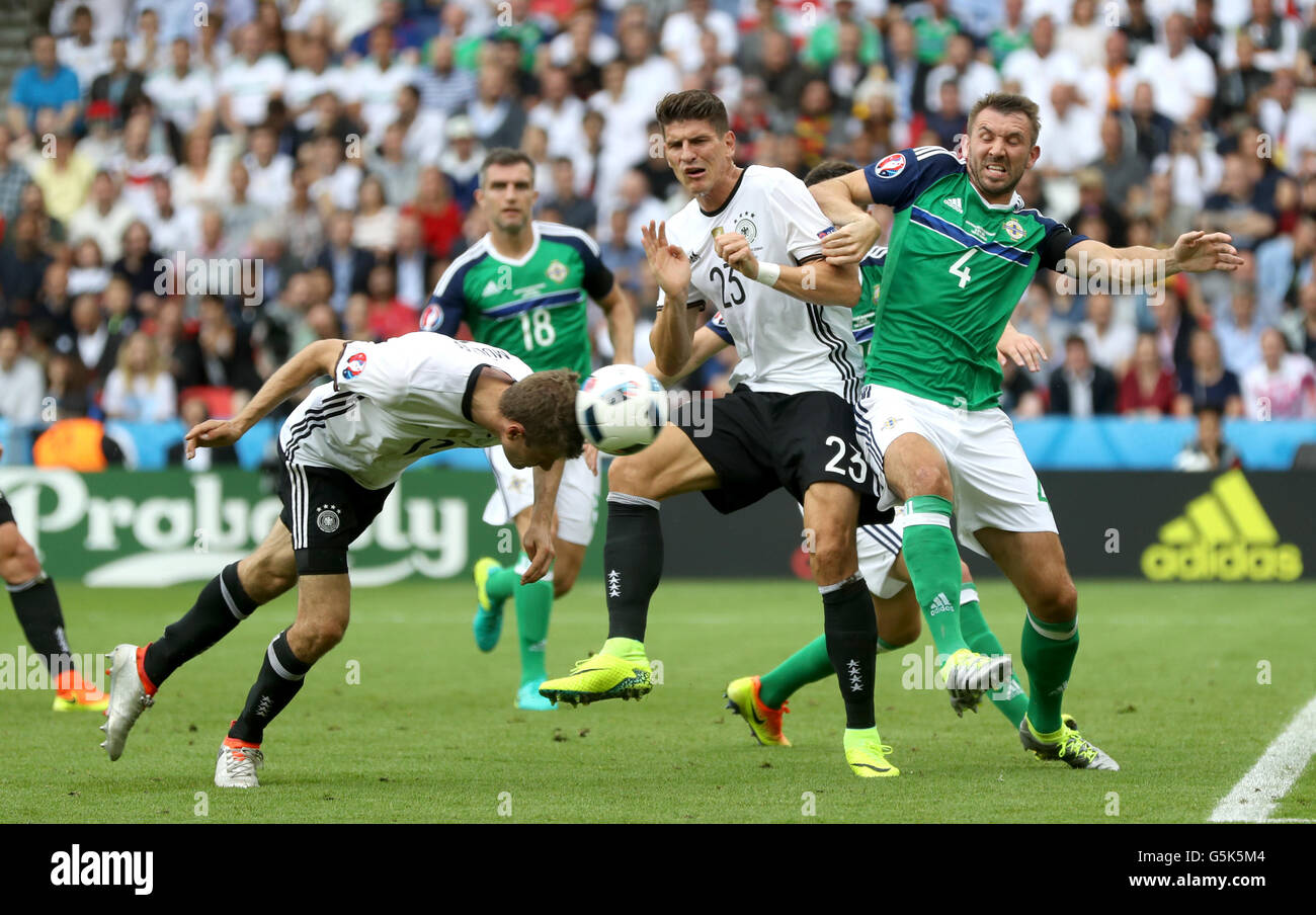 Germany's Thomas Muller attempts a diving header at goal during the ...