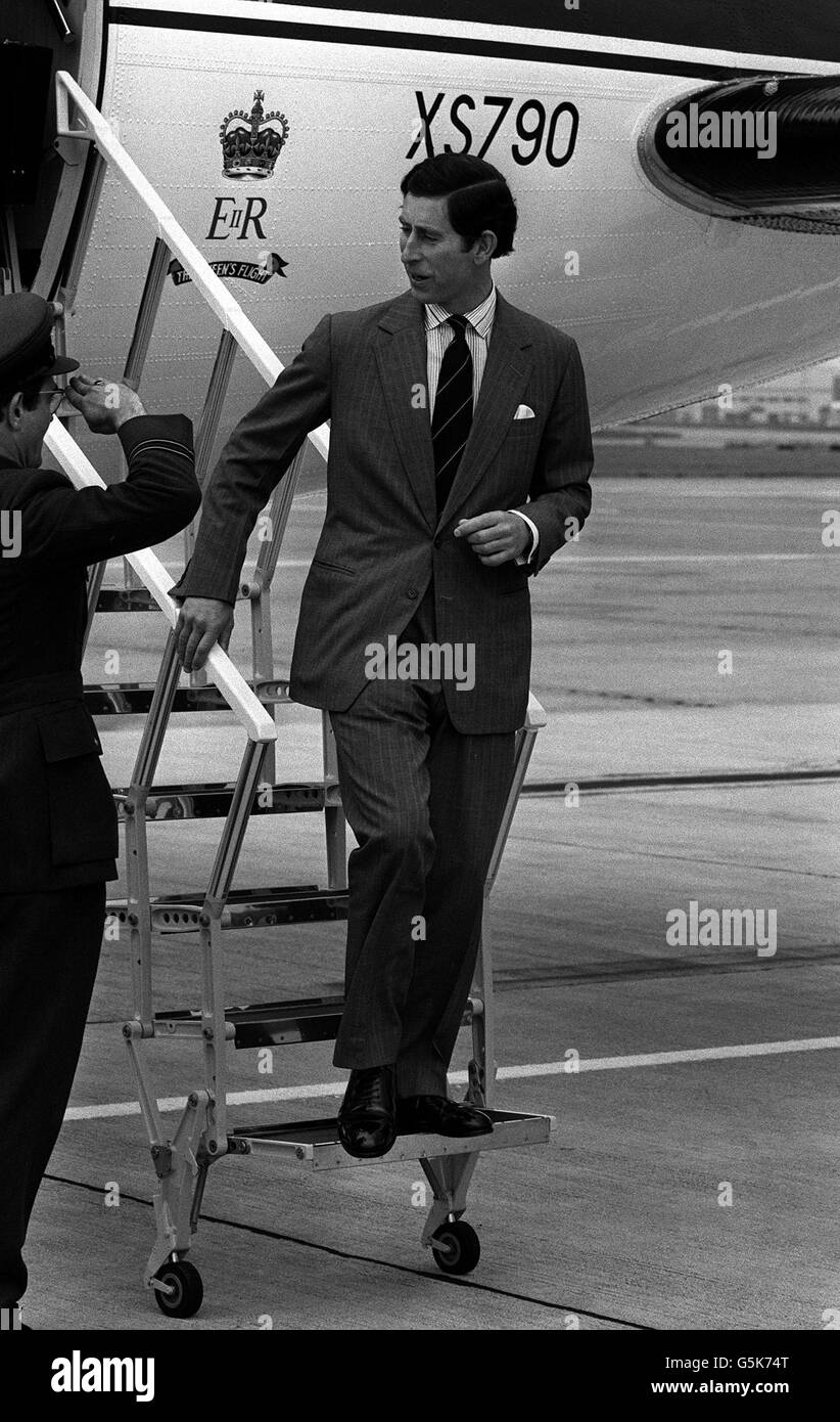 Prince Charles leaving an aircraft of the Queen's Flight at heathrow ...