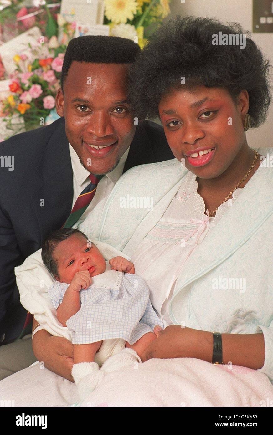 Devon Malcolm wife Jenny and baby Erica Stock Photo - Alamy