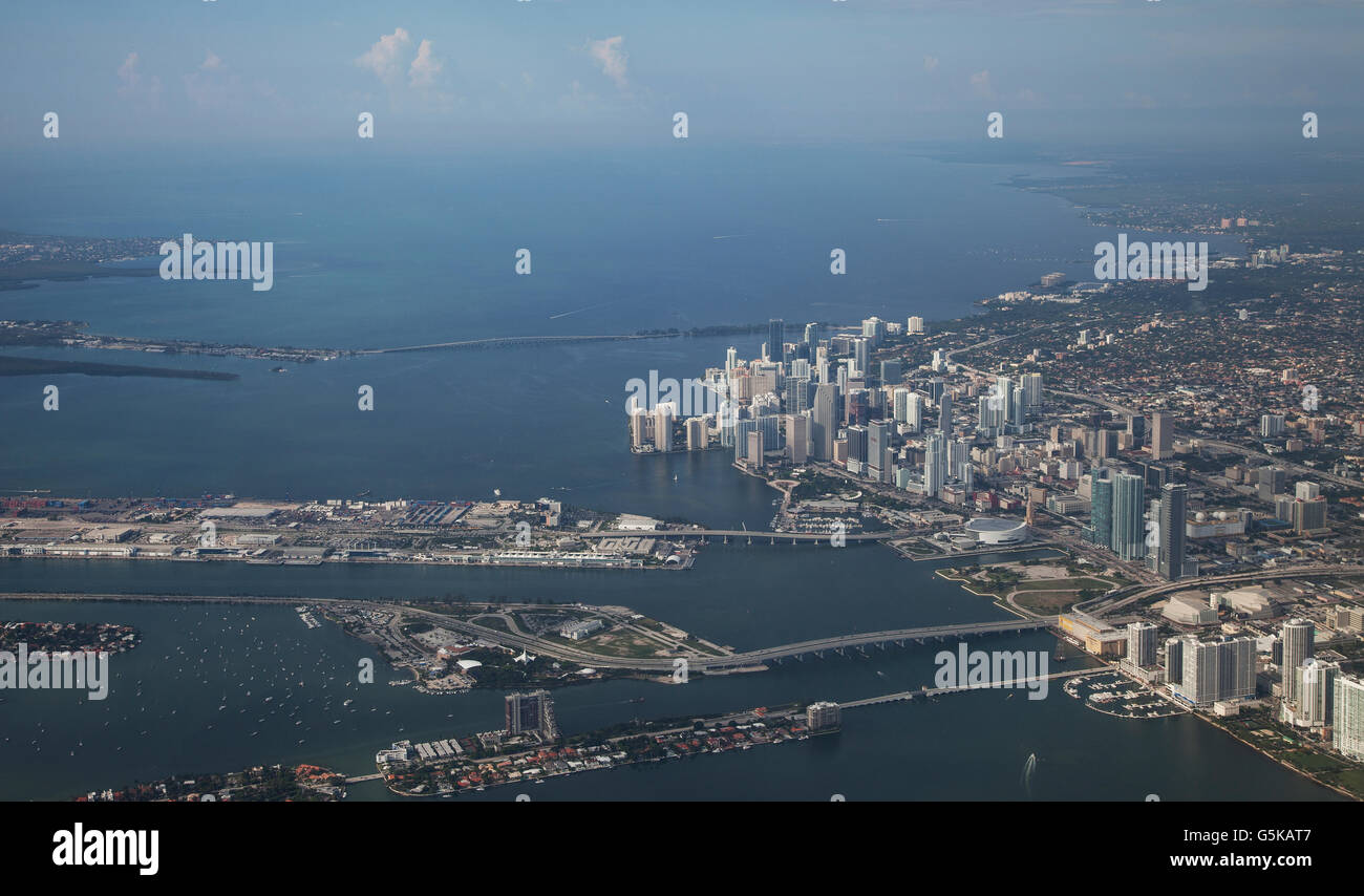 Aerial view of Miami cityscape and harbor, Florida, United States Stock ...