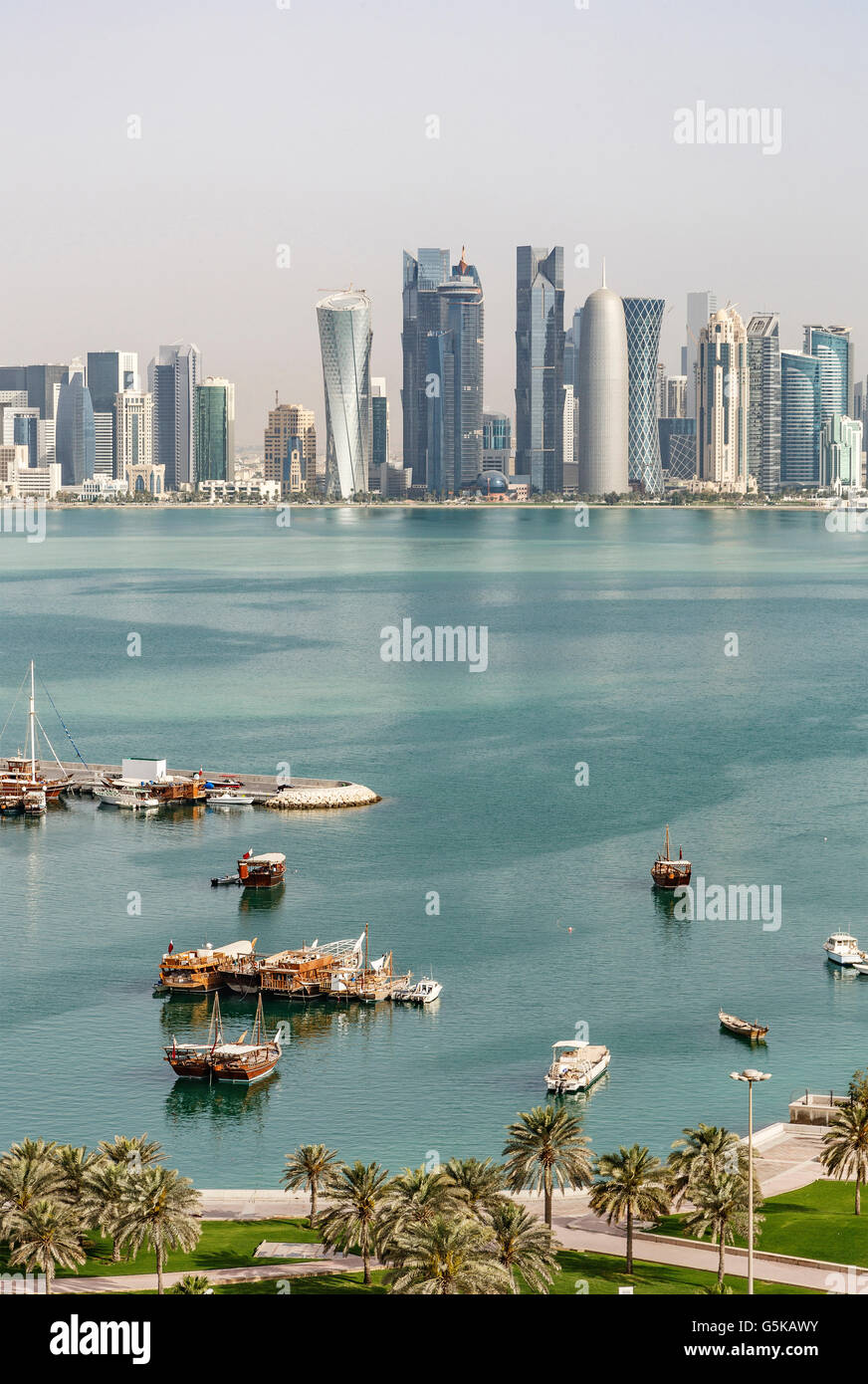 Aerial view of boats floating in Doha harbor, Doha, Qatar Stock Photo ...