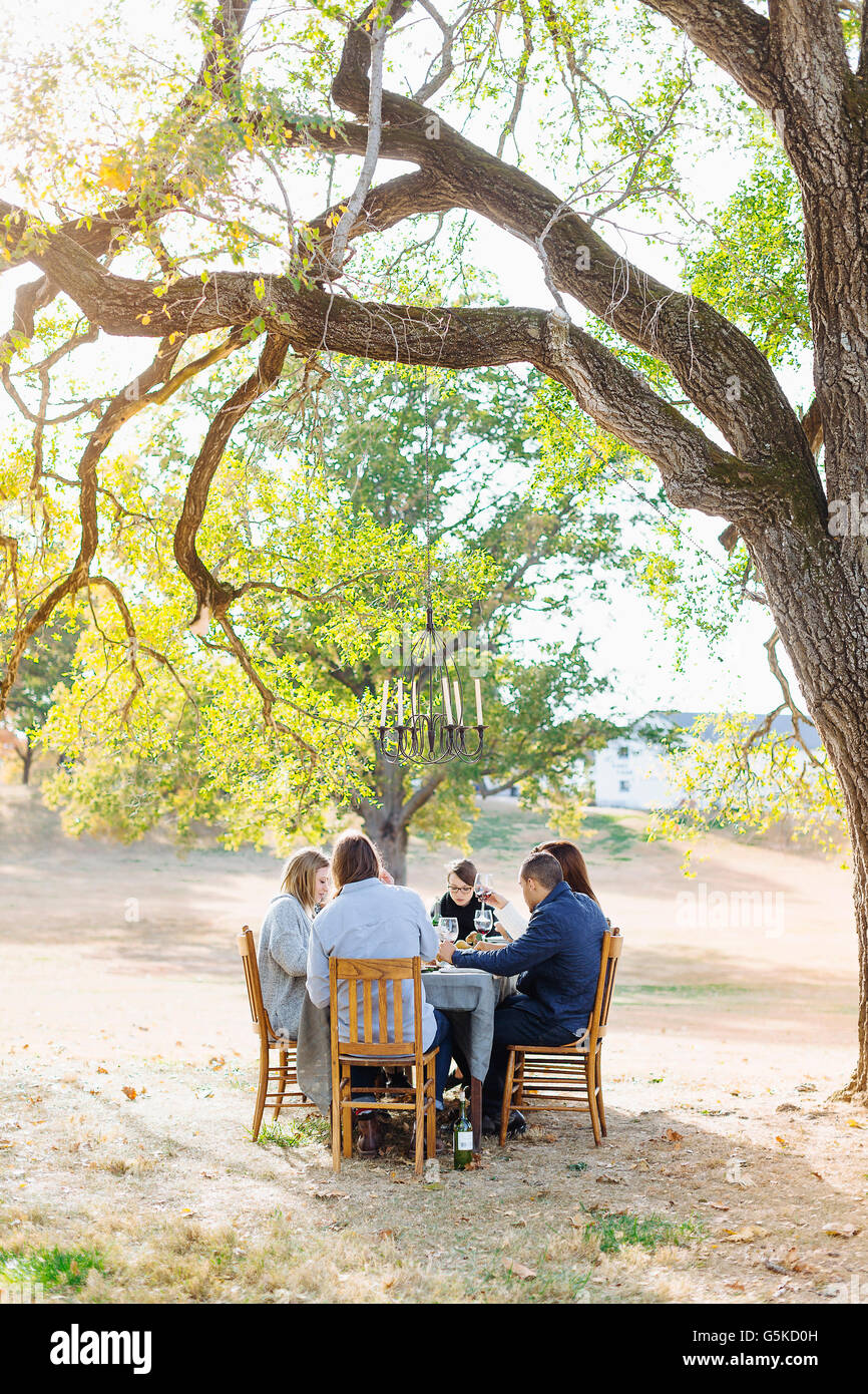Friends eating at outdoor table Stock Photo - Alamy