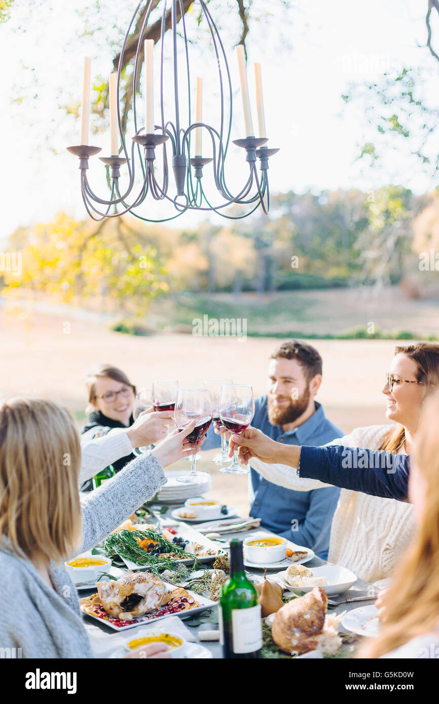 Group toasting over dinner hi-res stock photography and images - Alamy