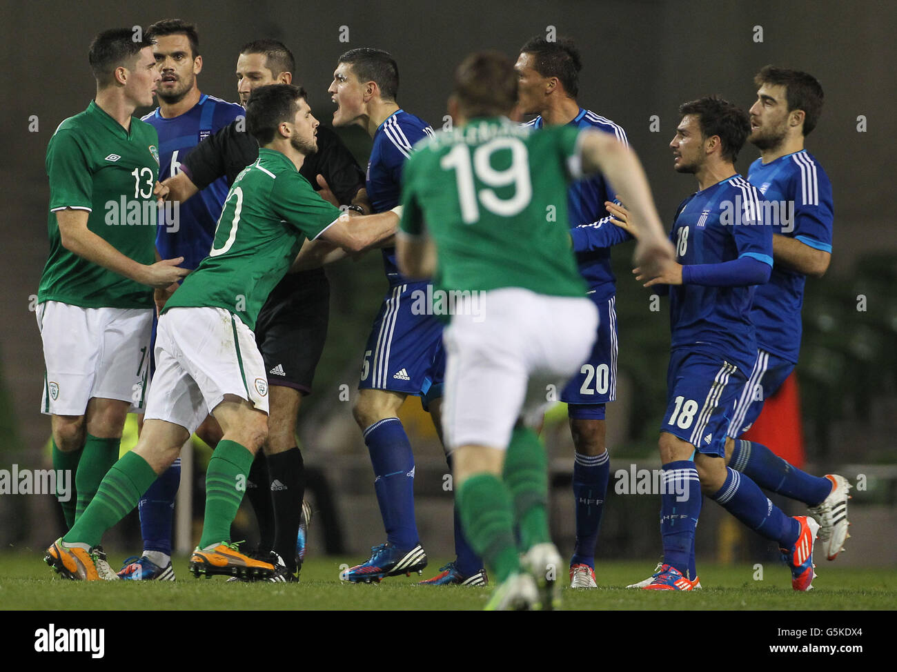 Irish and Greek players clash during the International Friendly at the ...