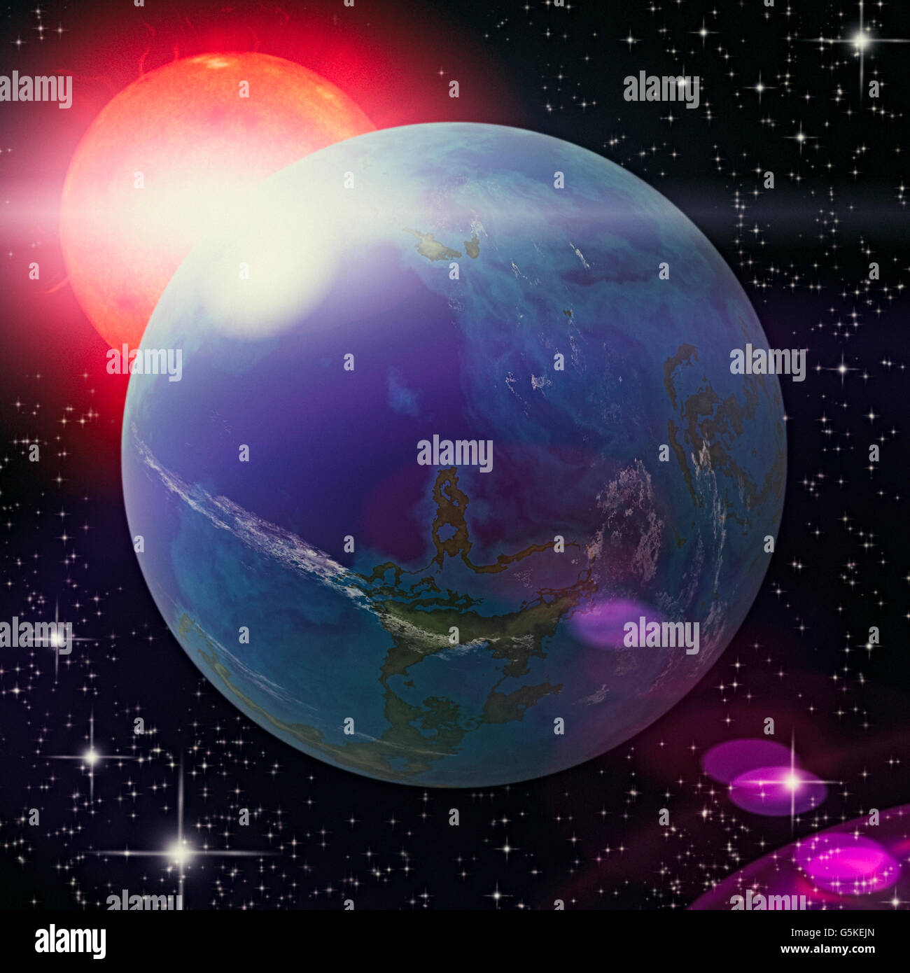 Sun shining behind Earth in outer space Stock Photo - Alamy