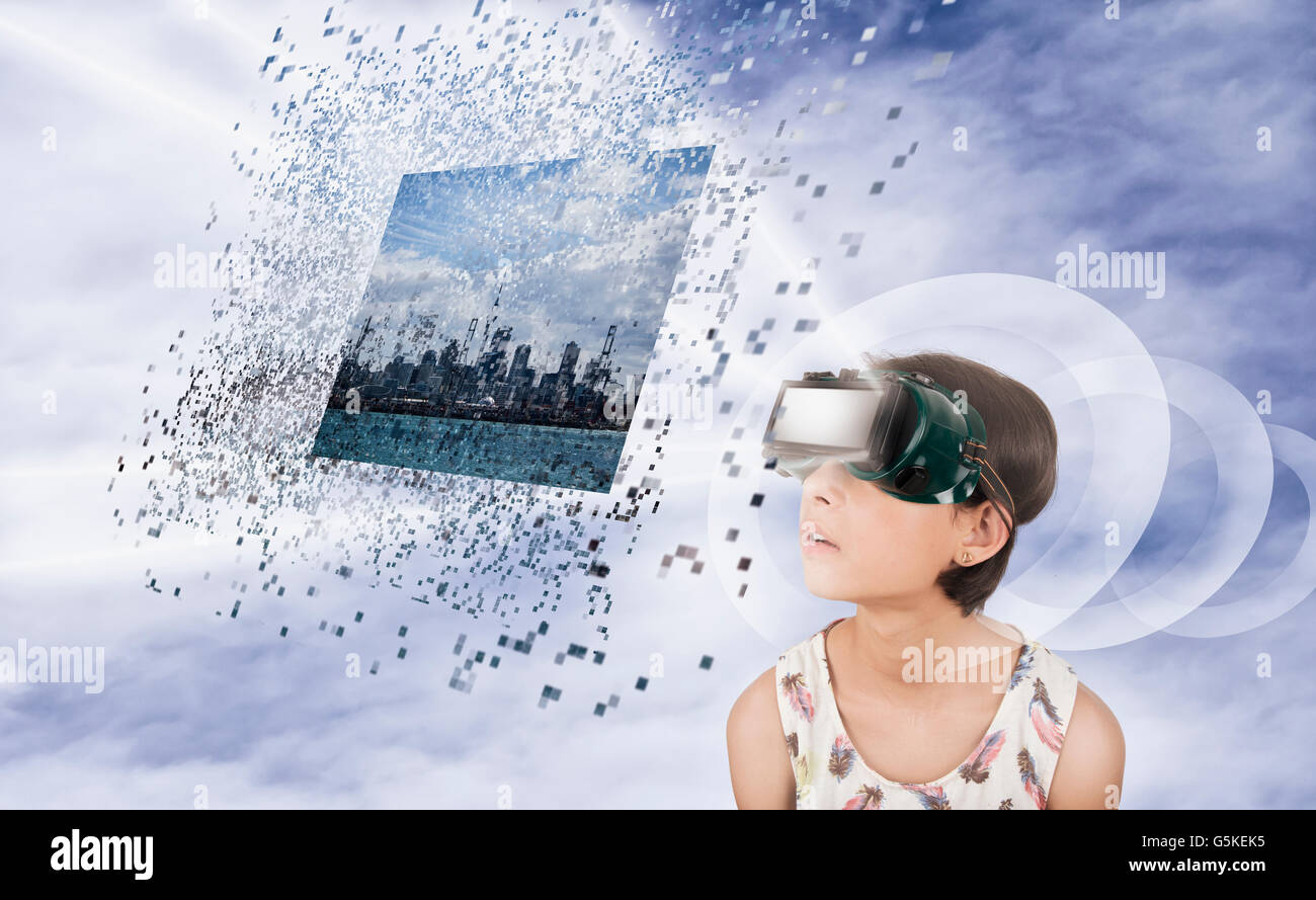 Mixed race girl watching virtual reality screen Stock Photo - Alamy