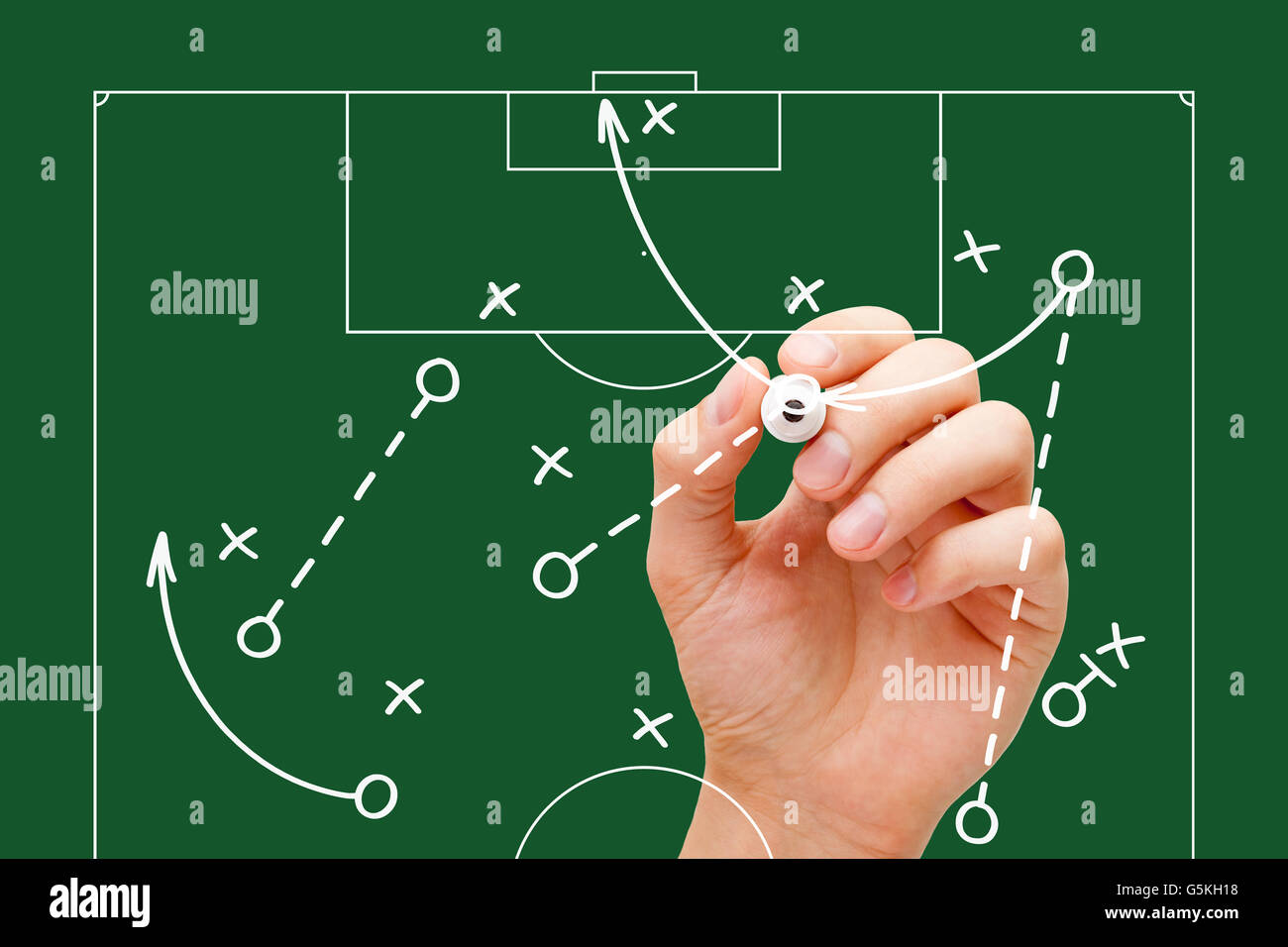 Manager drawing soccer game tactics with white marker on transparent ...