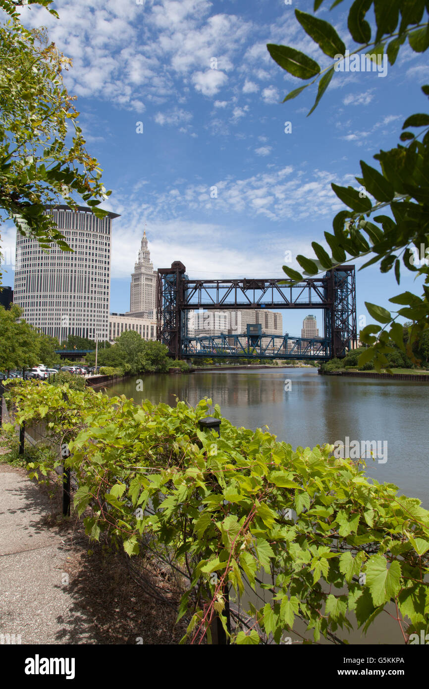 Cleveland skyline from the Cuyahoga River Stock Photo - Alamy