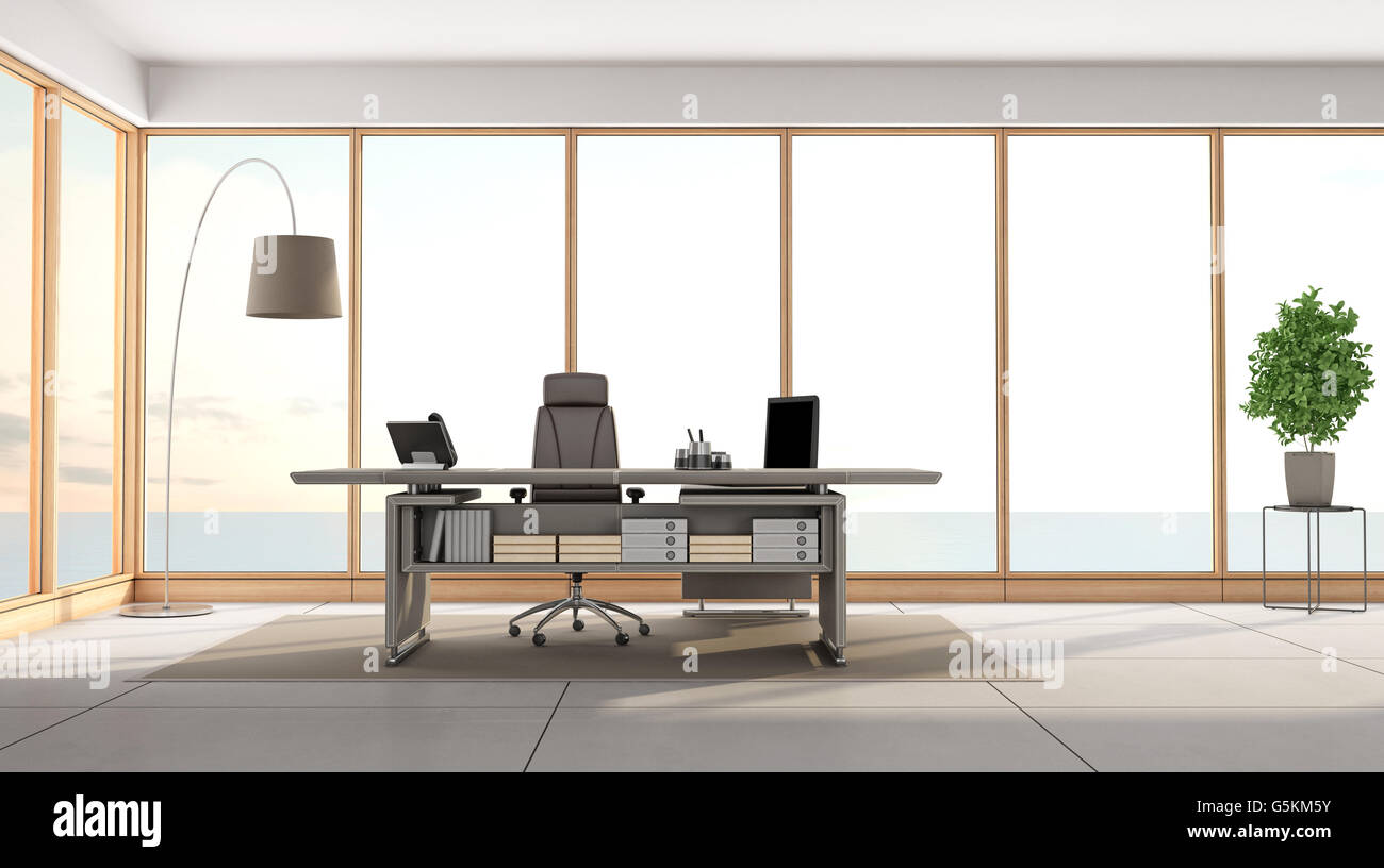 Minimalist office overlooking the sea with leather desk and large ...