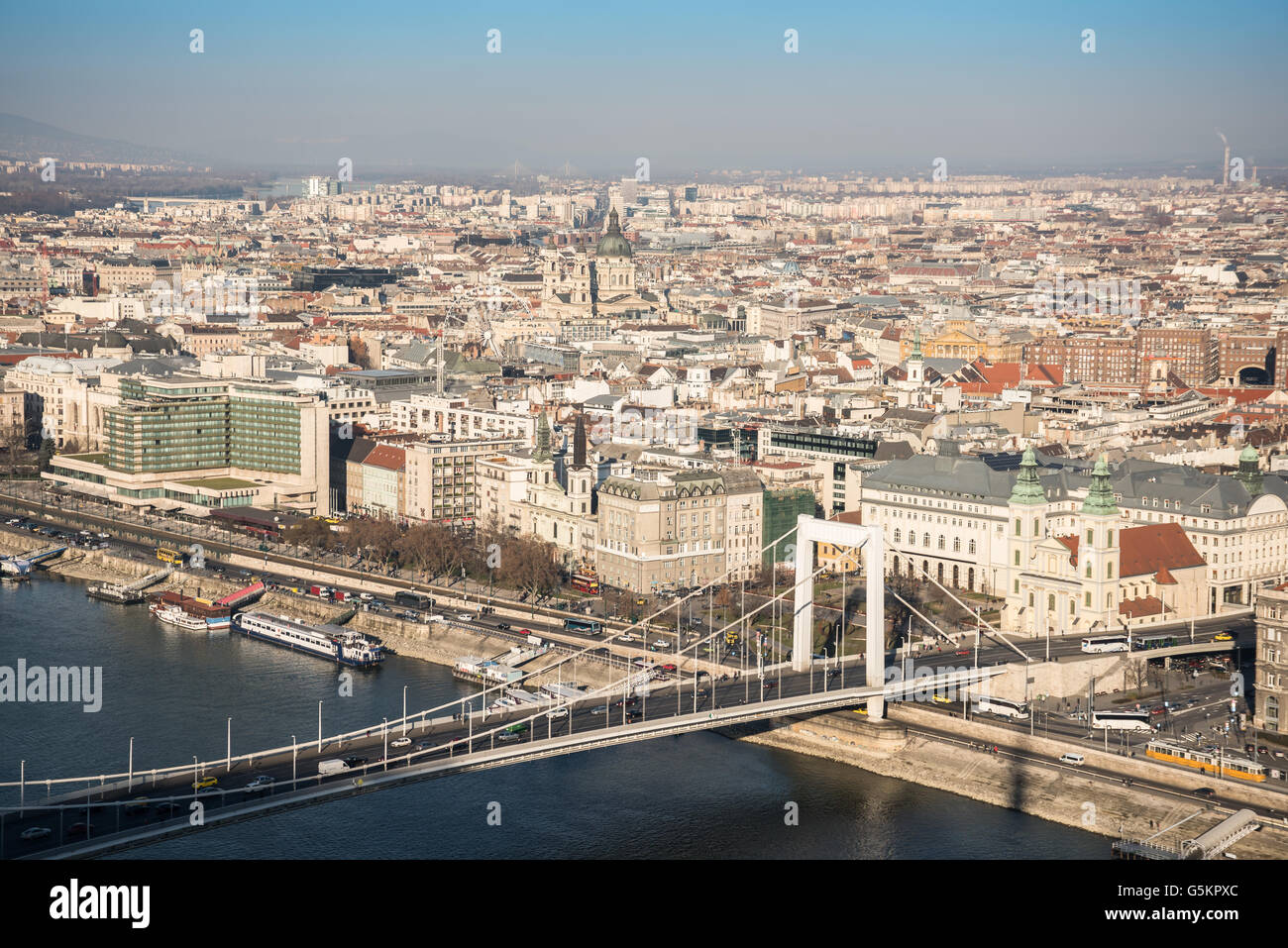 Aerial View of Budapest and the Danube River with Elisabeth Bridge as ...