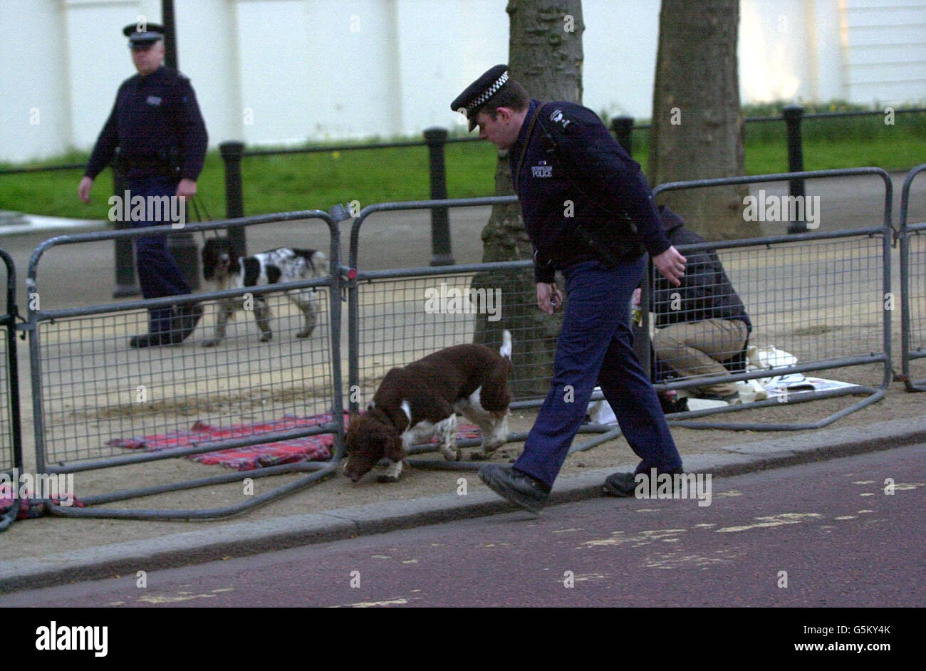 Police sniffer dogs check the barriers along The Mall in central London ...