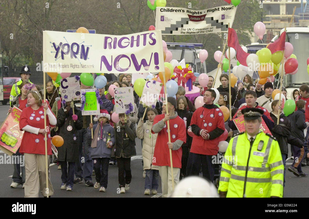 Group of children march along the victoria embankment in london hi-res ...