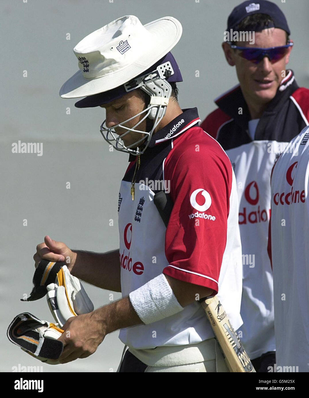 England batsman Mark Ramprakash (left) and Ashley Giles at net practice ...