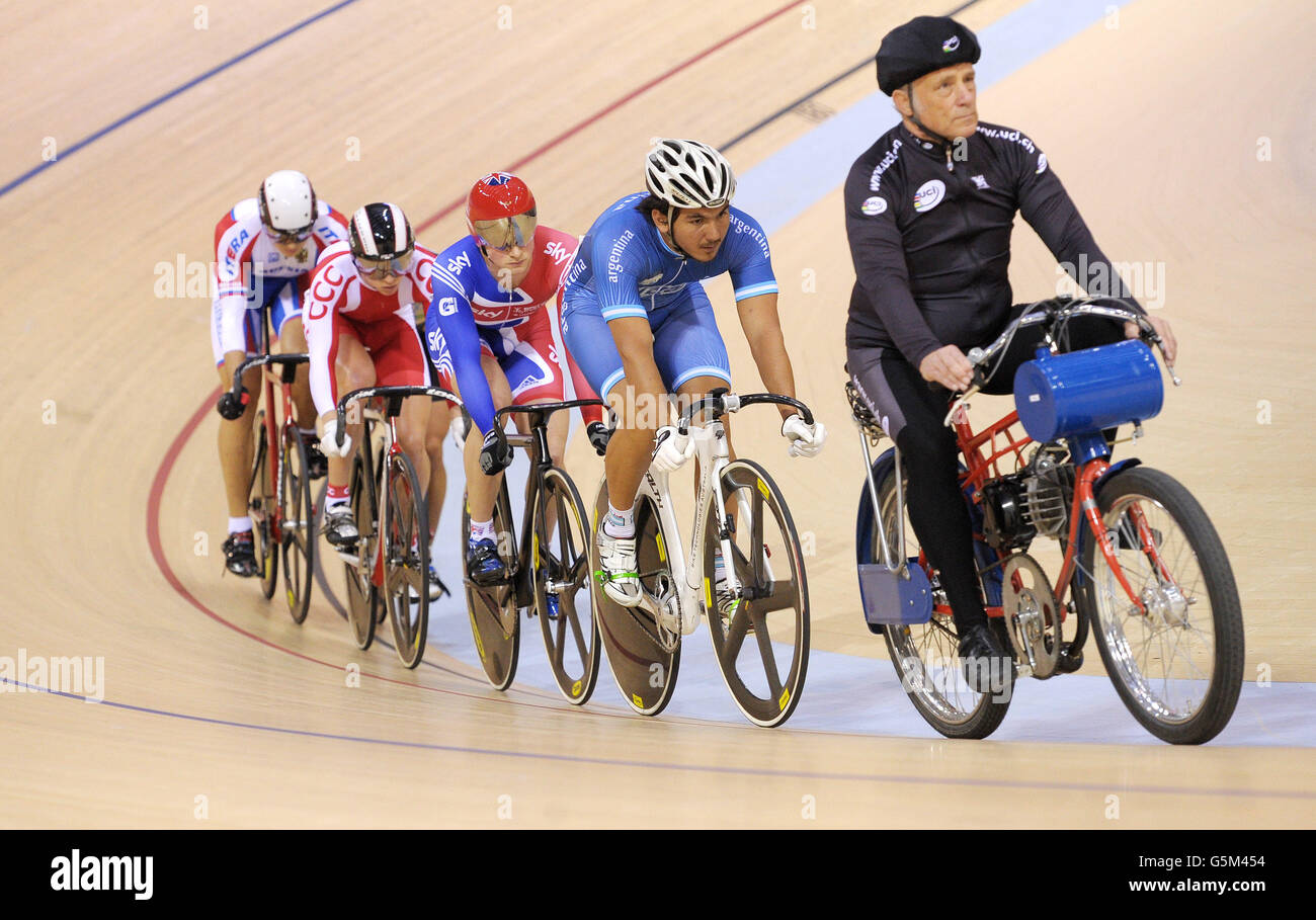 Great Britain's Jason Kenny follows the derny his Keirin round 1 during ...
