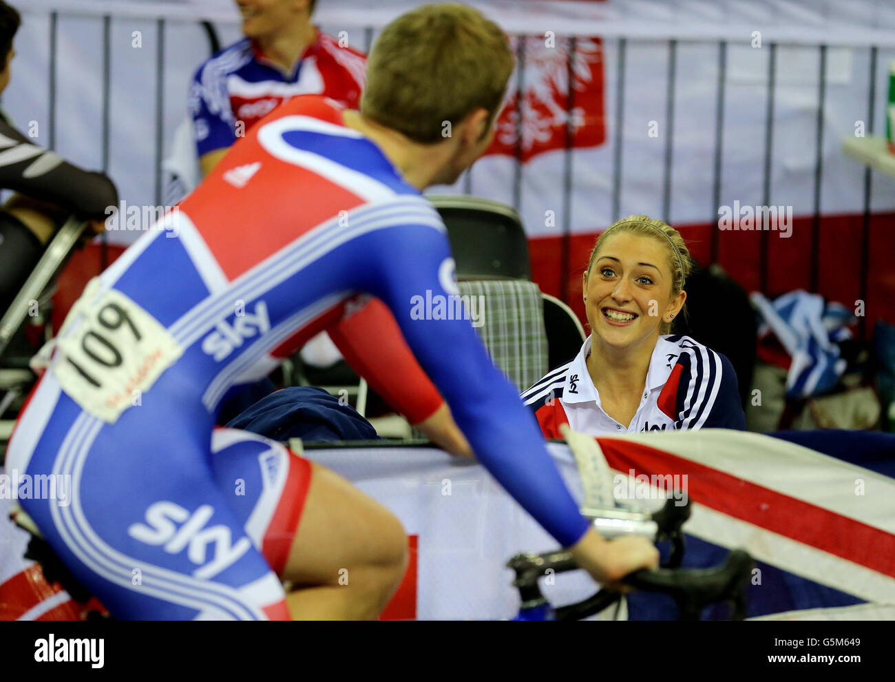 Great Britain's Laura Trott talks to Jason Kenny during the UCI Track ...