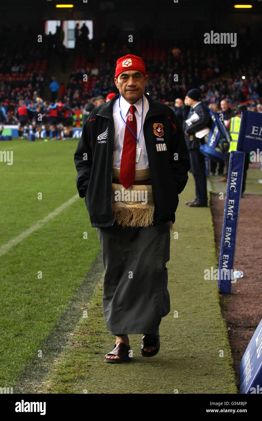 Tonga official wearing traditional clothing on the touchline hi-res ...