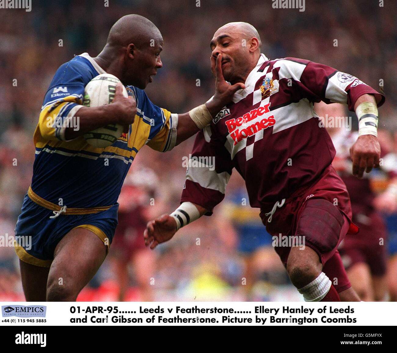 01-APR-95. Leeds v Featherstone. Ellery Hanley of Leeds and Carl Gibson ...