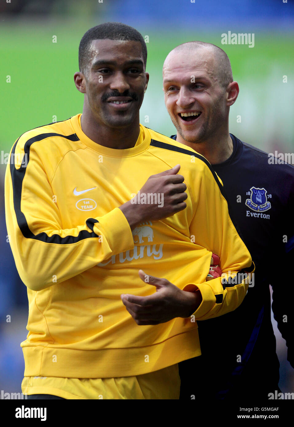 Everton goalkeeper Jan Mucha (right) shares a joke with team-mate ...