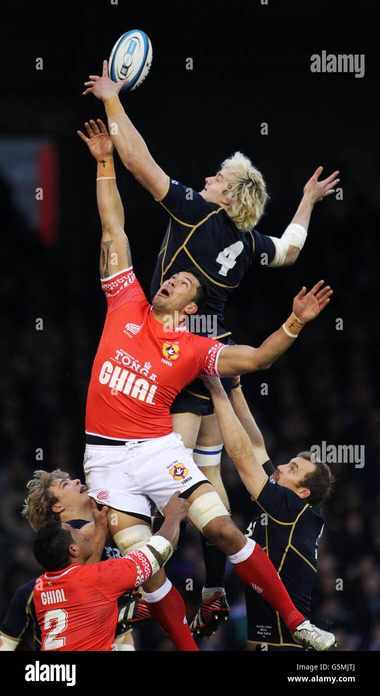Scotland's Ritchie Grey and Tonga's Tukulua Lokotui in the line out ...