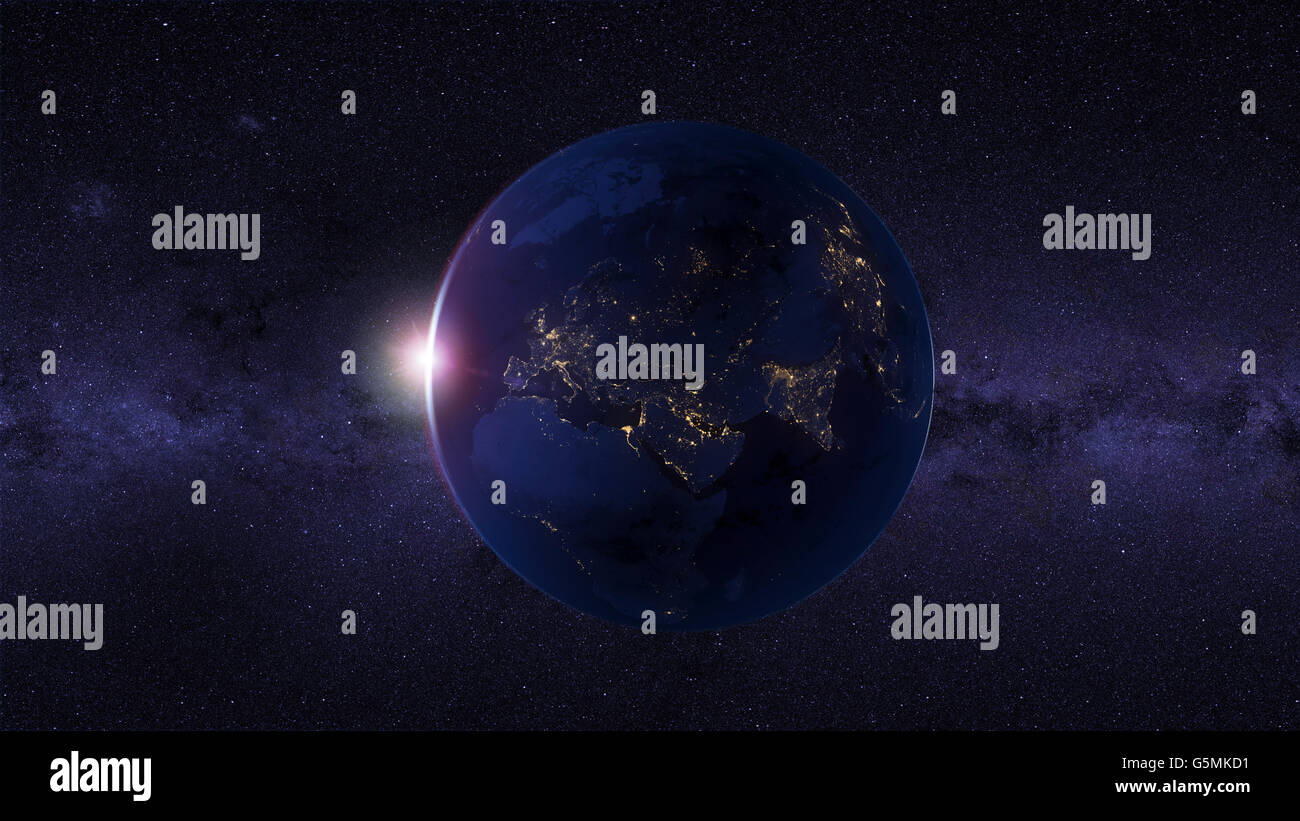 Planet Earth and the Milky way. Night sky and city lights (of Europe ...