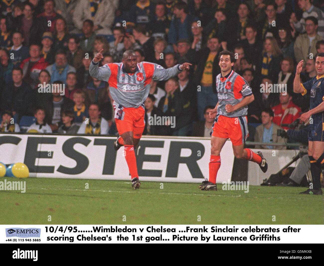 10/4/95. Wimbledon v Chelsea, Frank Sinclair celebrates after scoring ...