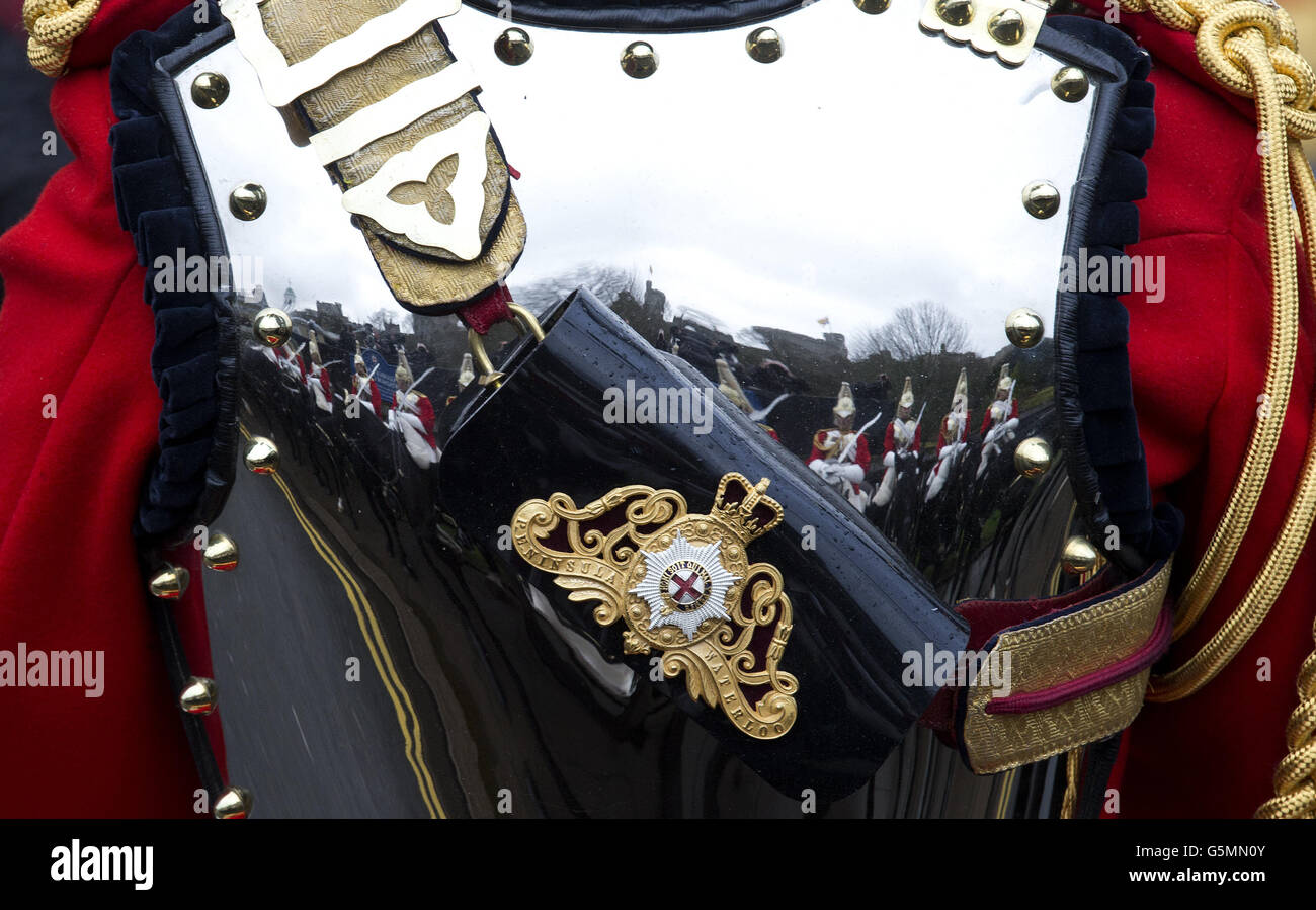A reflection of Windsor Castle is seen in the cuirass armour of a ...