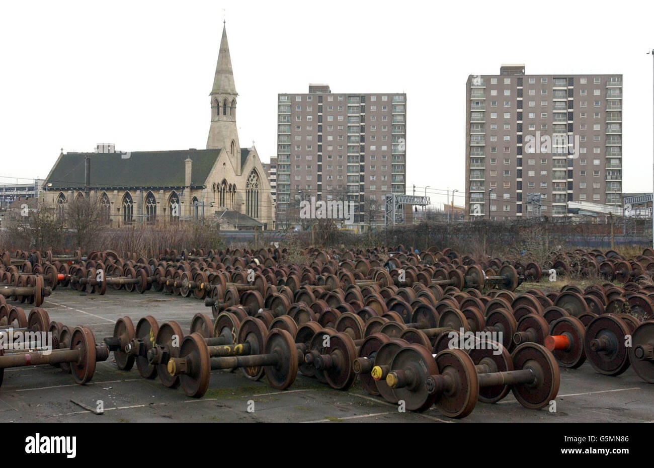 Wheels set for rail rolling stock lie near the Railparts factory in ...