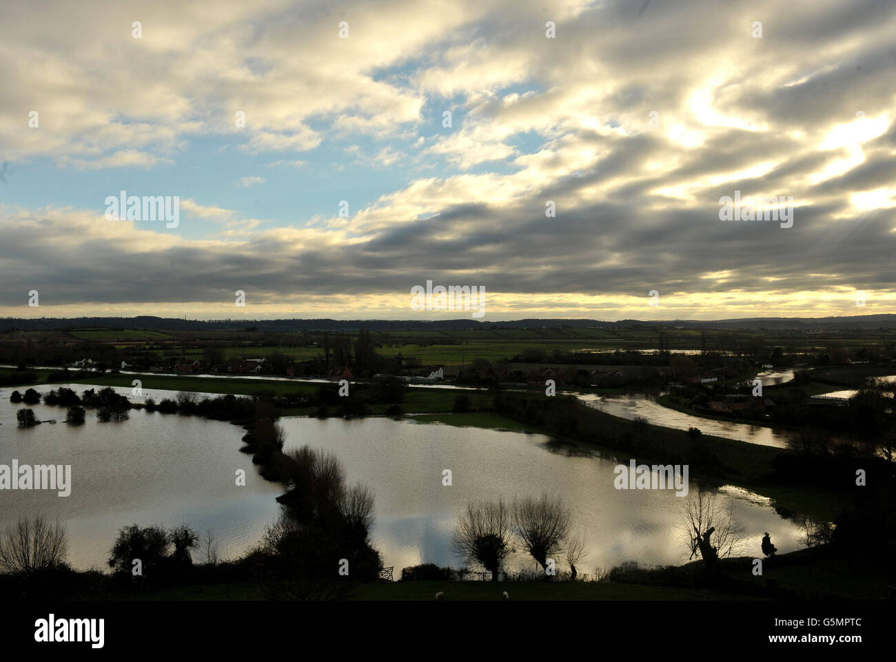 Floodwater in Somerset from Burrow Mump where the River Tone joins the ...