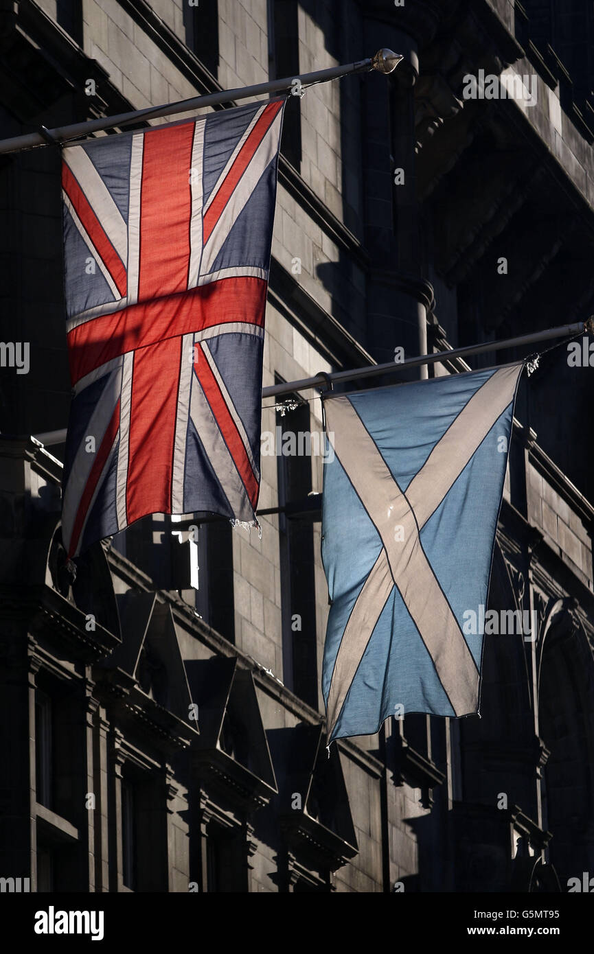 A saltire flag seen next to a Union flag in Edinburgh on St Andrew's ...