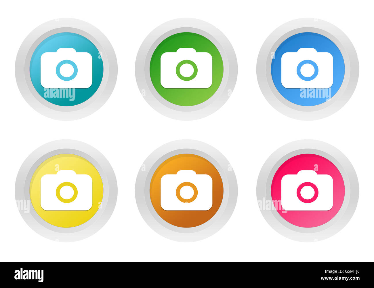 Set of rounded colorful buttons with camera symbol in blue, green ...