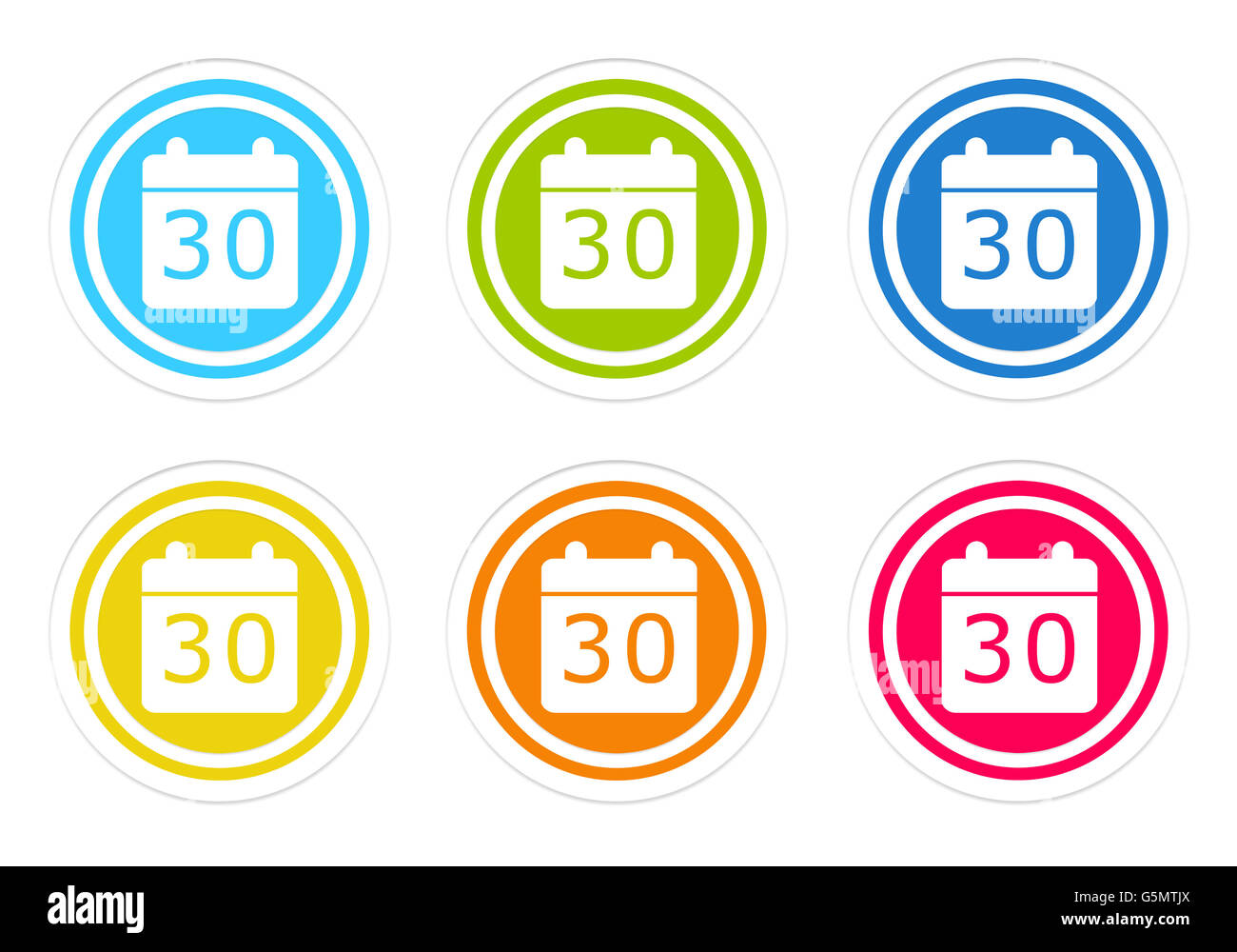 Set of rounded icons with calendar symbol in blue, green, yellow ...
