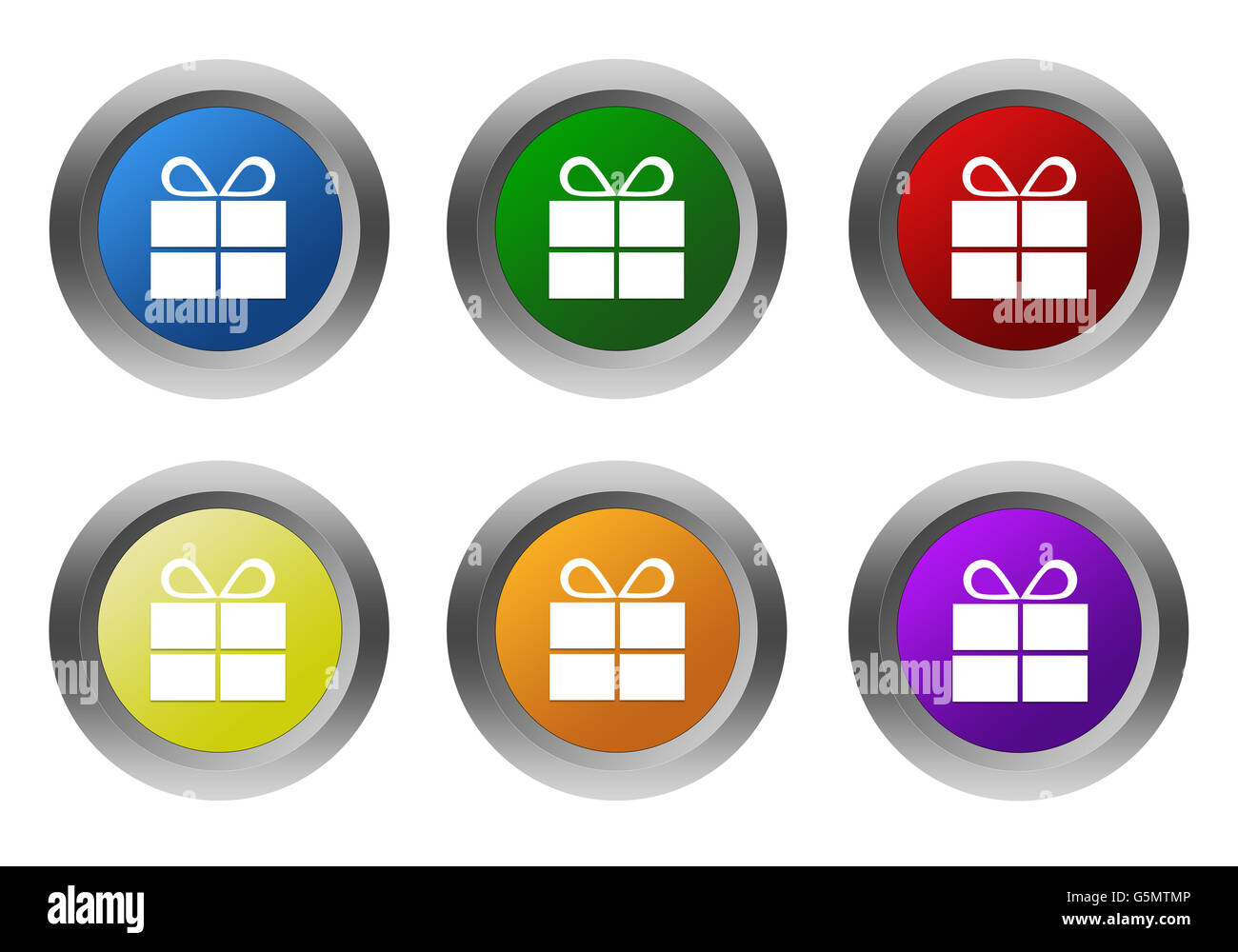 Set of rounded colorful buttons with gift symbol in blue, green, yellow ...