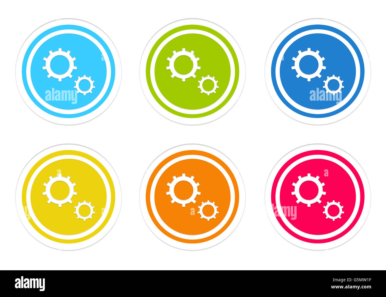 Set of rounded buttons with gears symbol in blue, green, yellow, orange ...