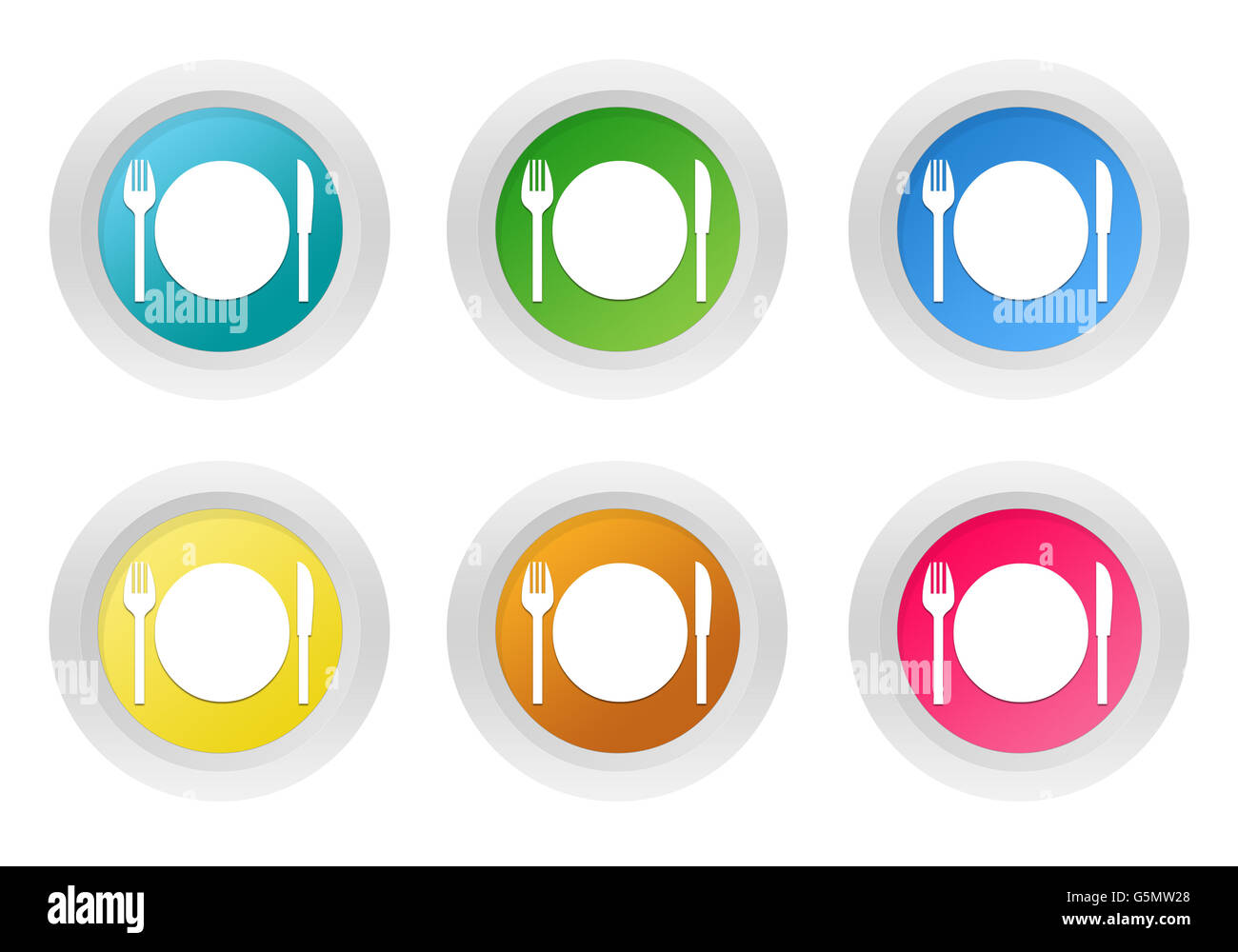 Set of rounded colorful icons with restaurant symbol in blue, green ...