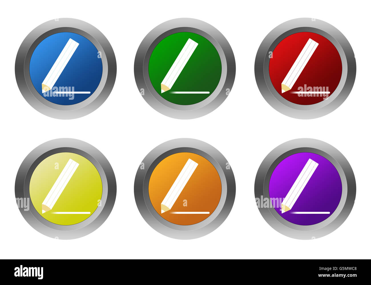 Set of rounded colorful buttons with pencil symbol in blue, green ...