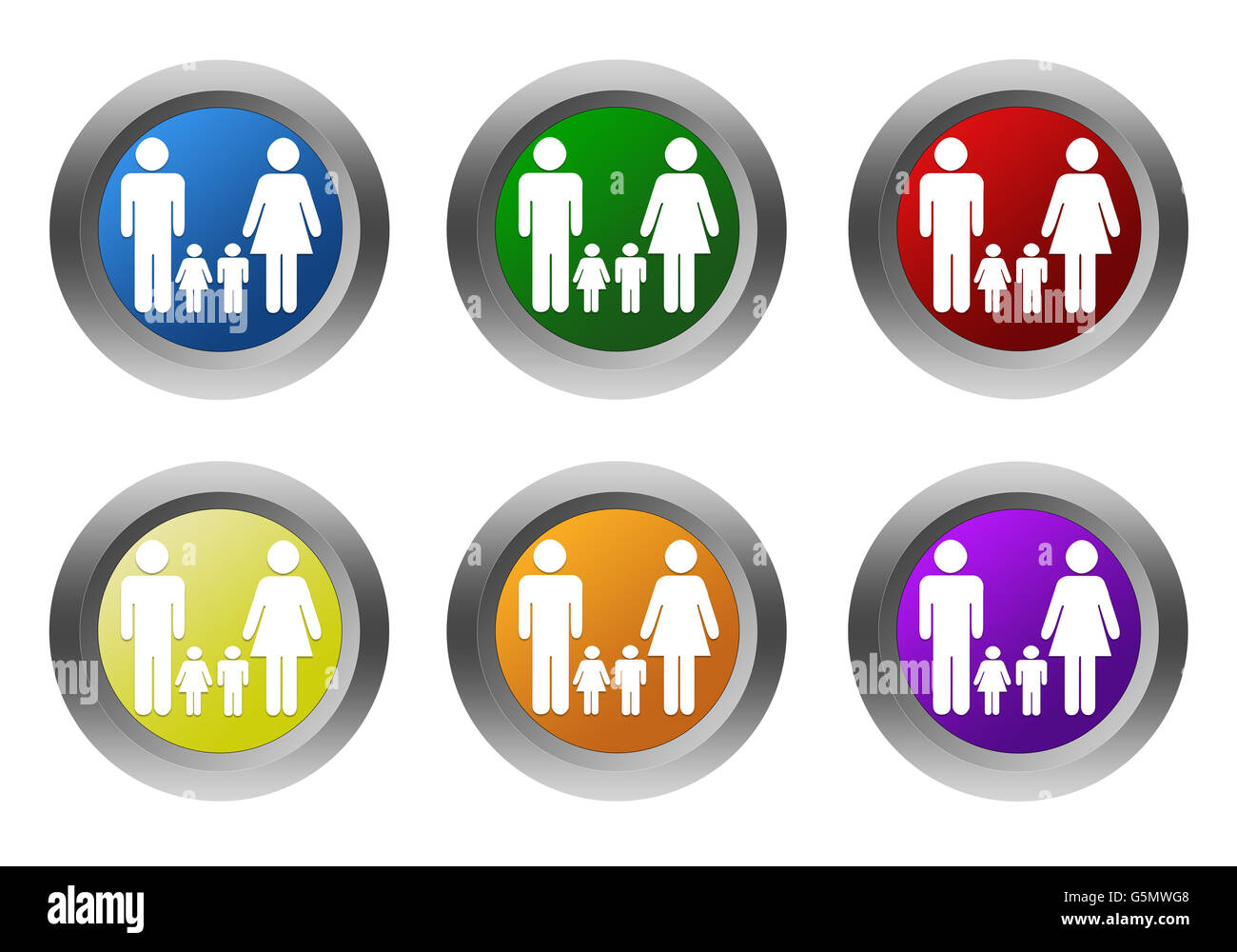 Set of rounded colorful icons with family symbol in blue, green, yellow ...