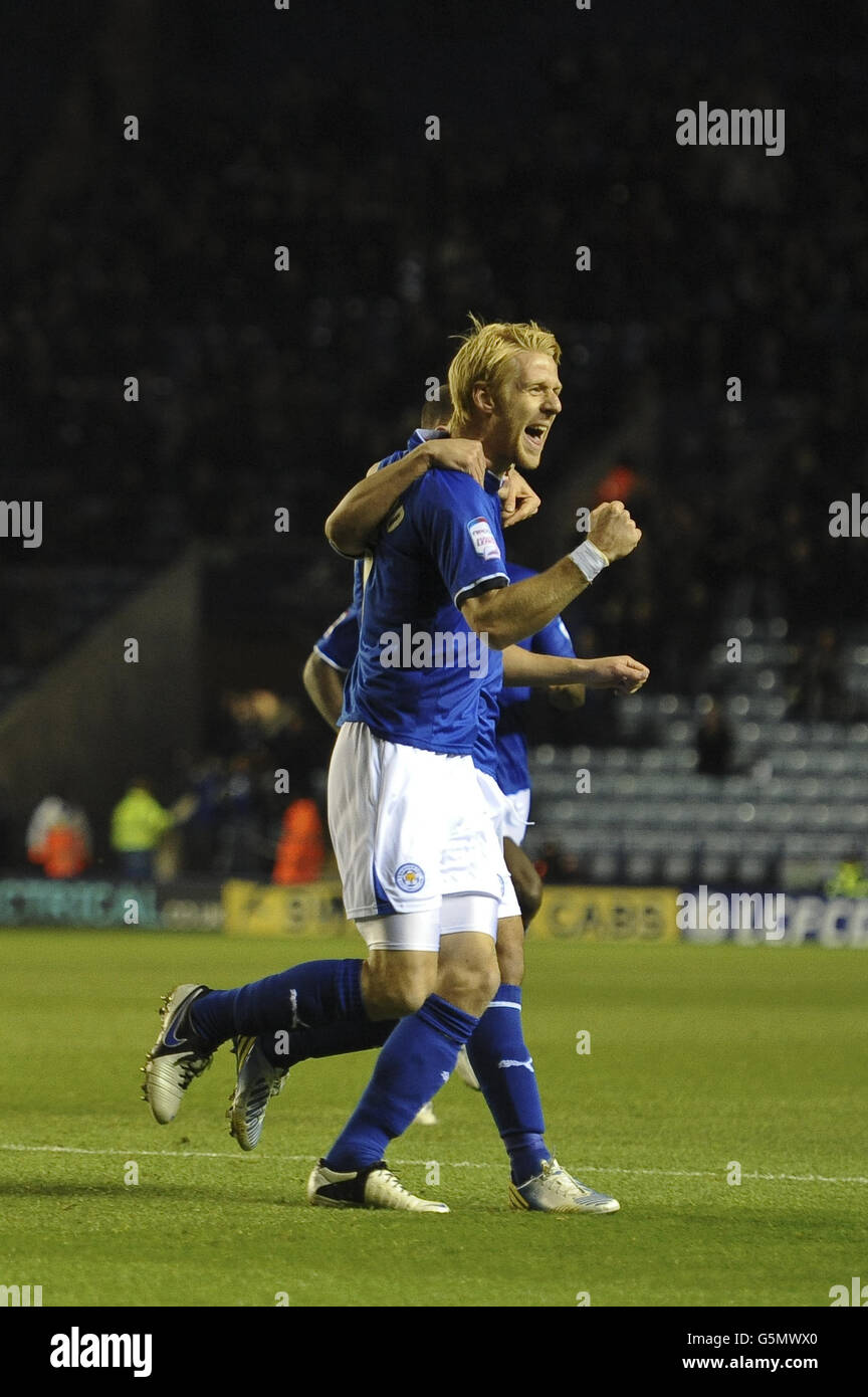 Leicester City's Zak Whitbread celebrates scoring the opening goal ...